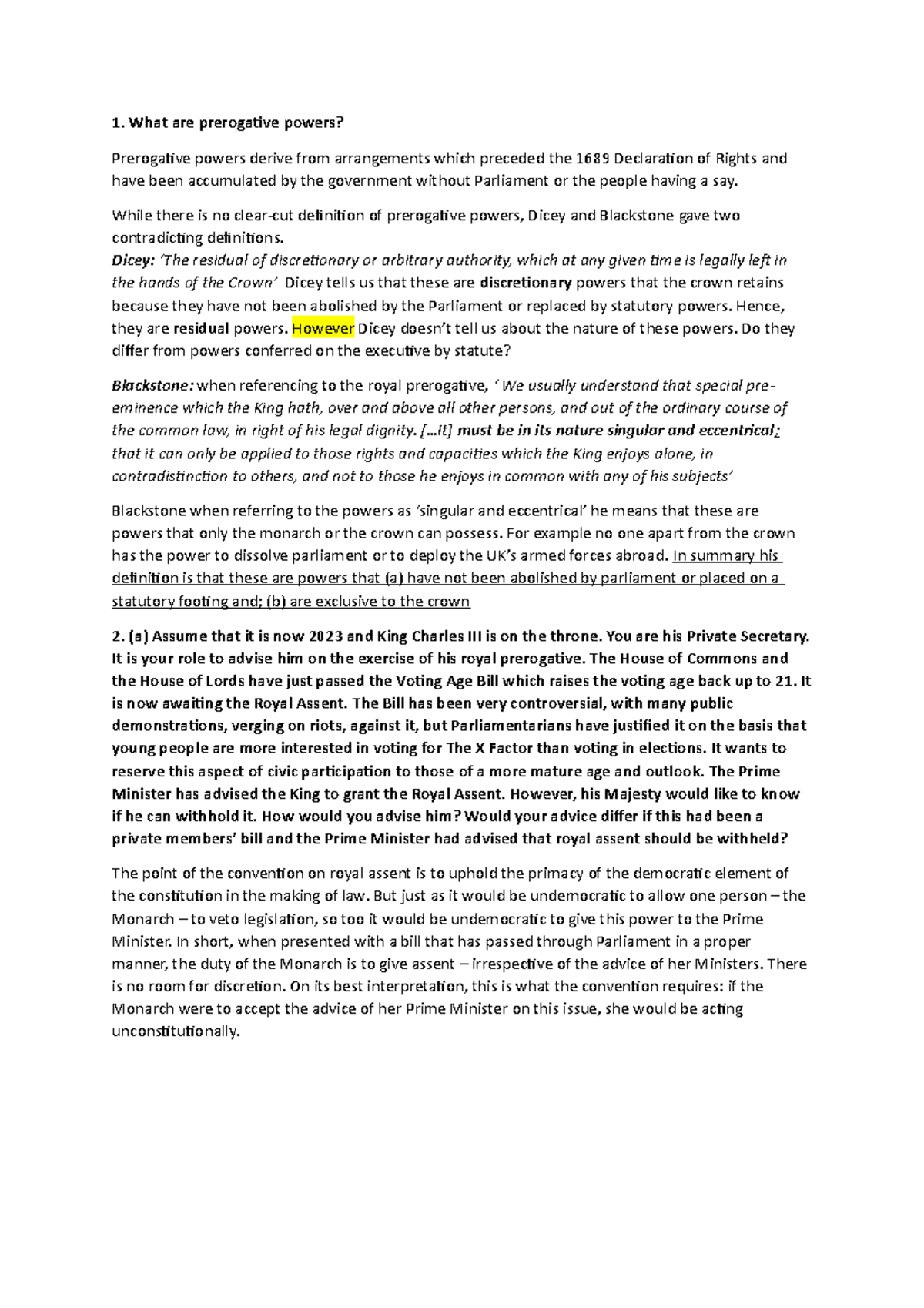 Tutorial 5: Analyzing Prerogative Powers in Modern Governance - Studocu