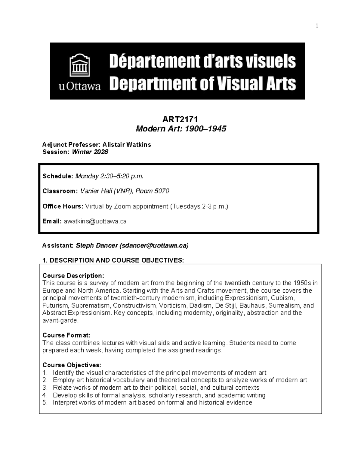 ART2171A - Syllabus for Modern Art History (Winter 2026) - Studocu
