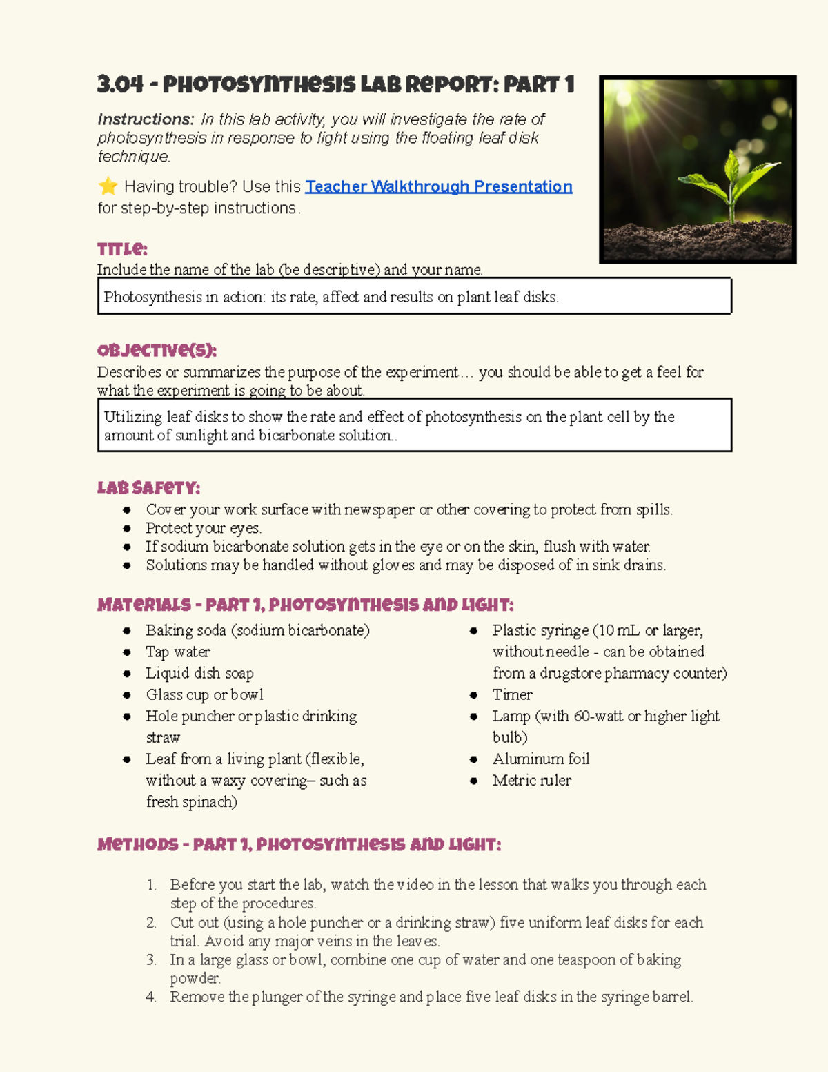 3.04 Lab Report Template Updated - 3 - Photosynthesis Lab Report: Part ...