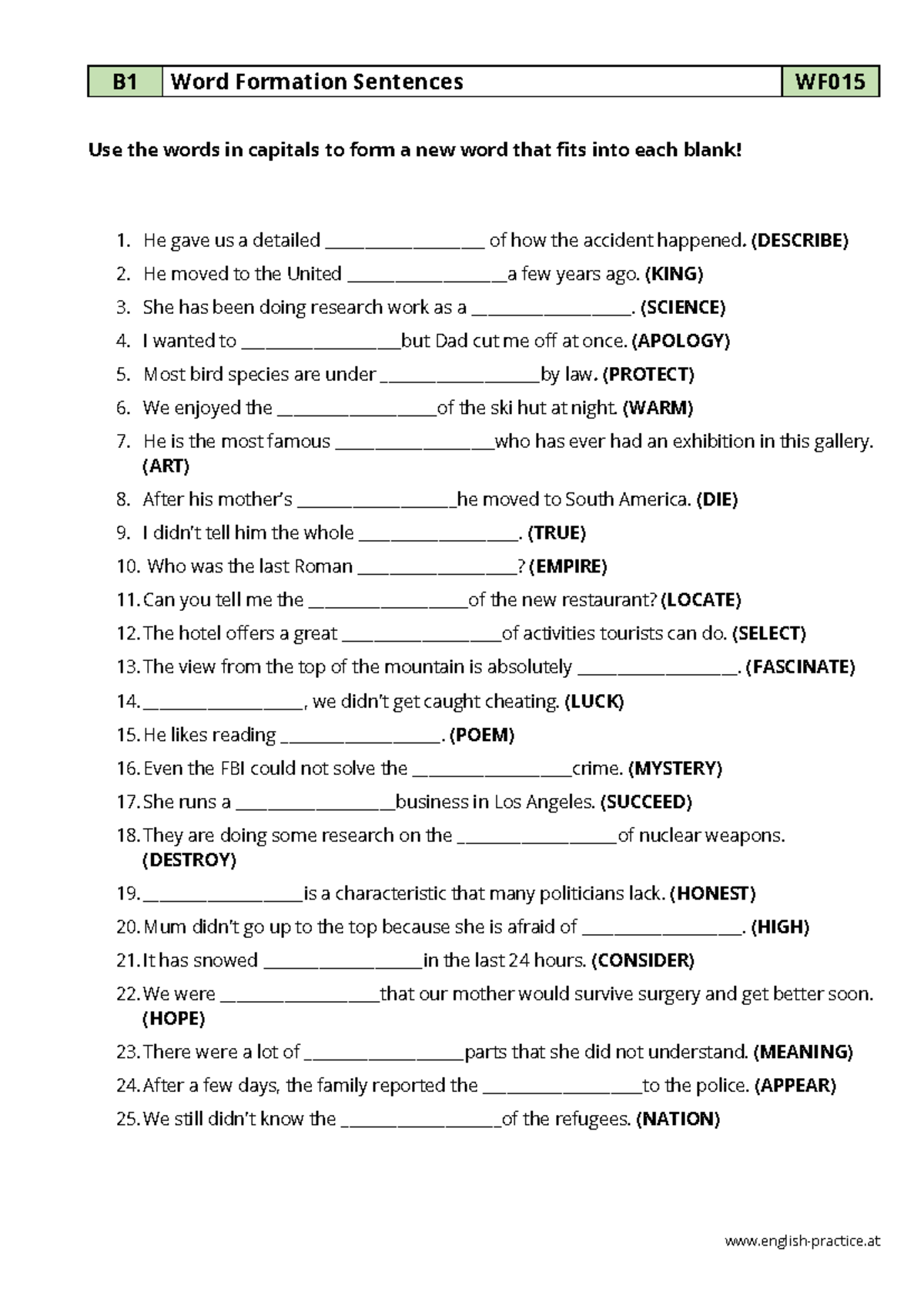 B1 Word Formation Exercises: Word Creation for Beginners - Studocu