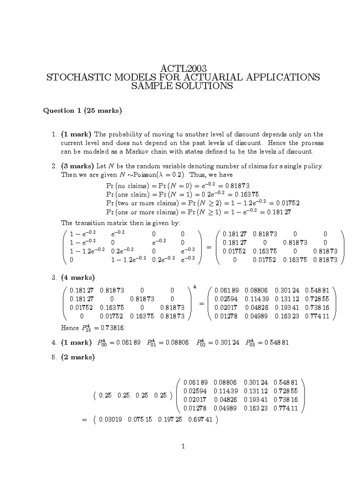 ACTL2003 Stochastic Models for Actuarial Applications Sample Solutions ...