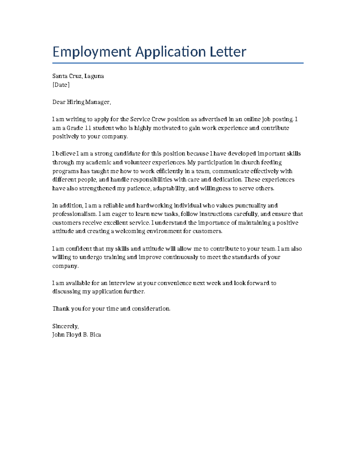 Application Letter for Service Crew Position - Santa Cruz - Studocu