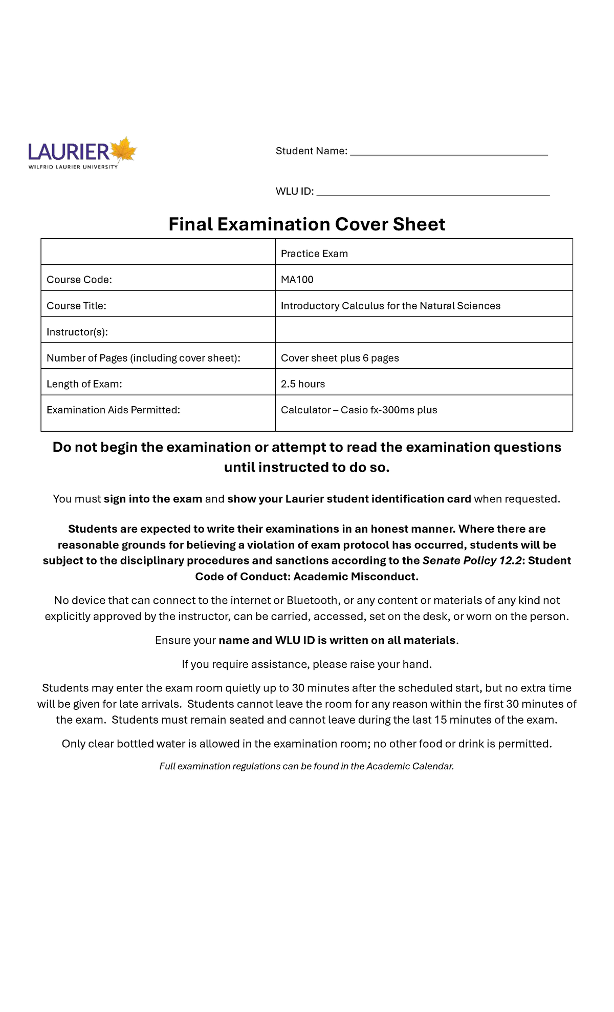 MA100 Final Exam Practice - Introductory Calculus for Natural Sciences ...