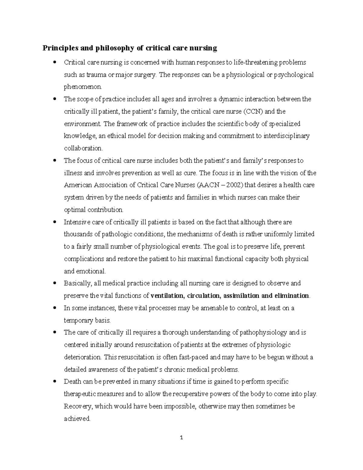 Nursing 450: Principles and Practice of Critical Care - Study Notes ...