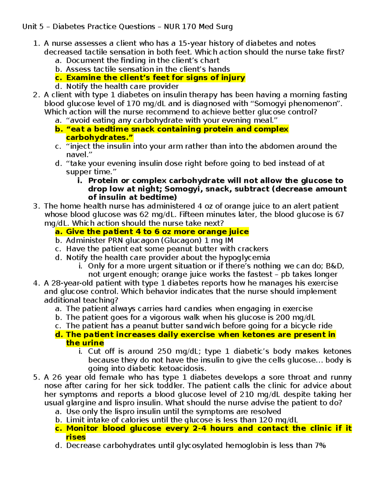 Unit 5 Diabetes Practice Questions - NUR 170 Med Surg 1 - Studocu