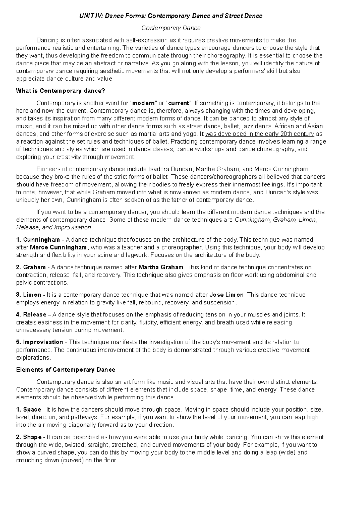 Q4-PE- Module - READ CAREFULLY - UNIT IV: Dance Forms: Contemporary ...