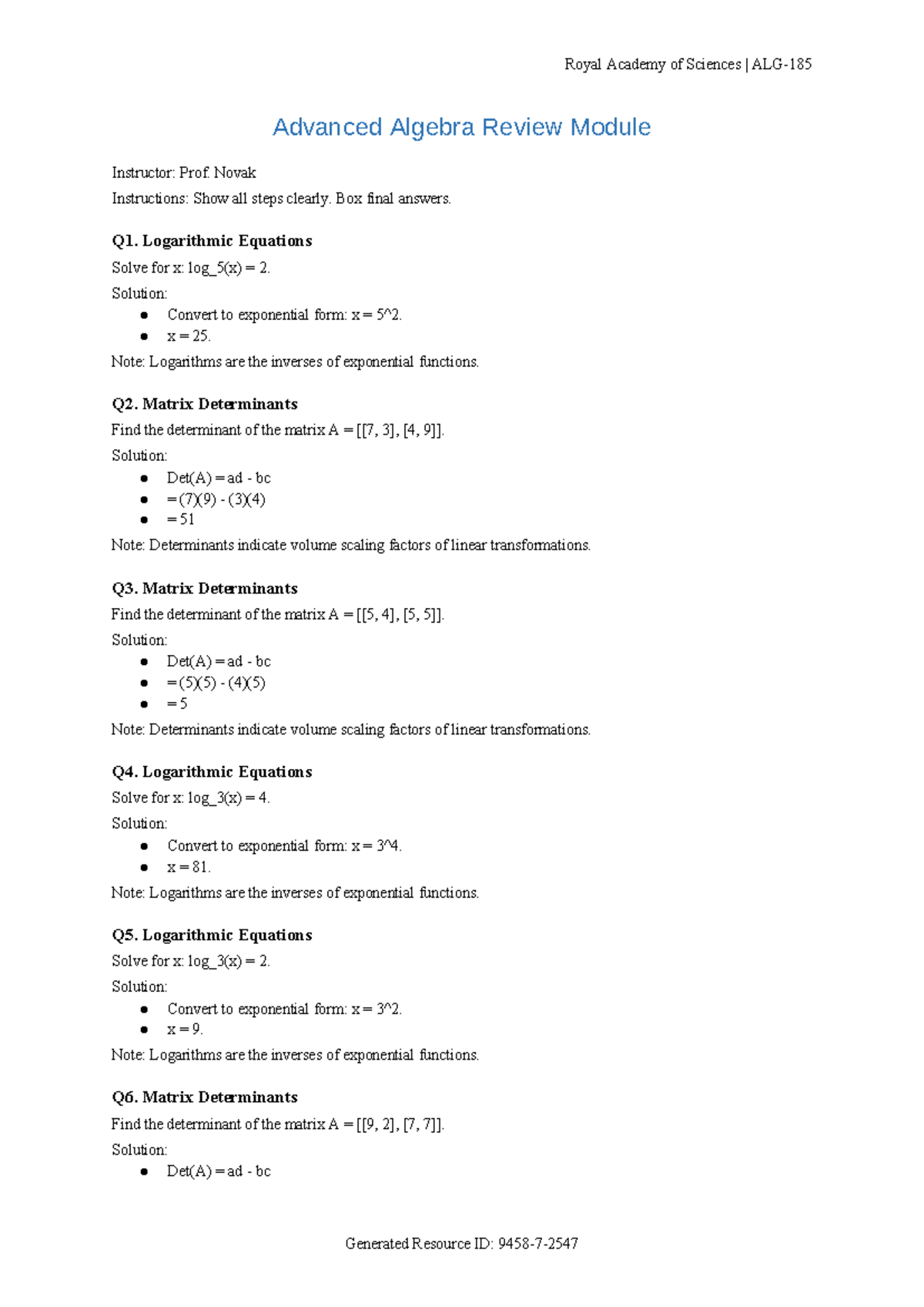 ALG-185 Advanced Algebra Review Module: Key Concepts & Solutions - Studocu
