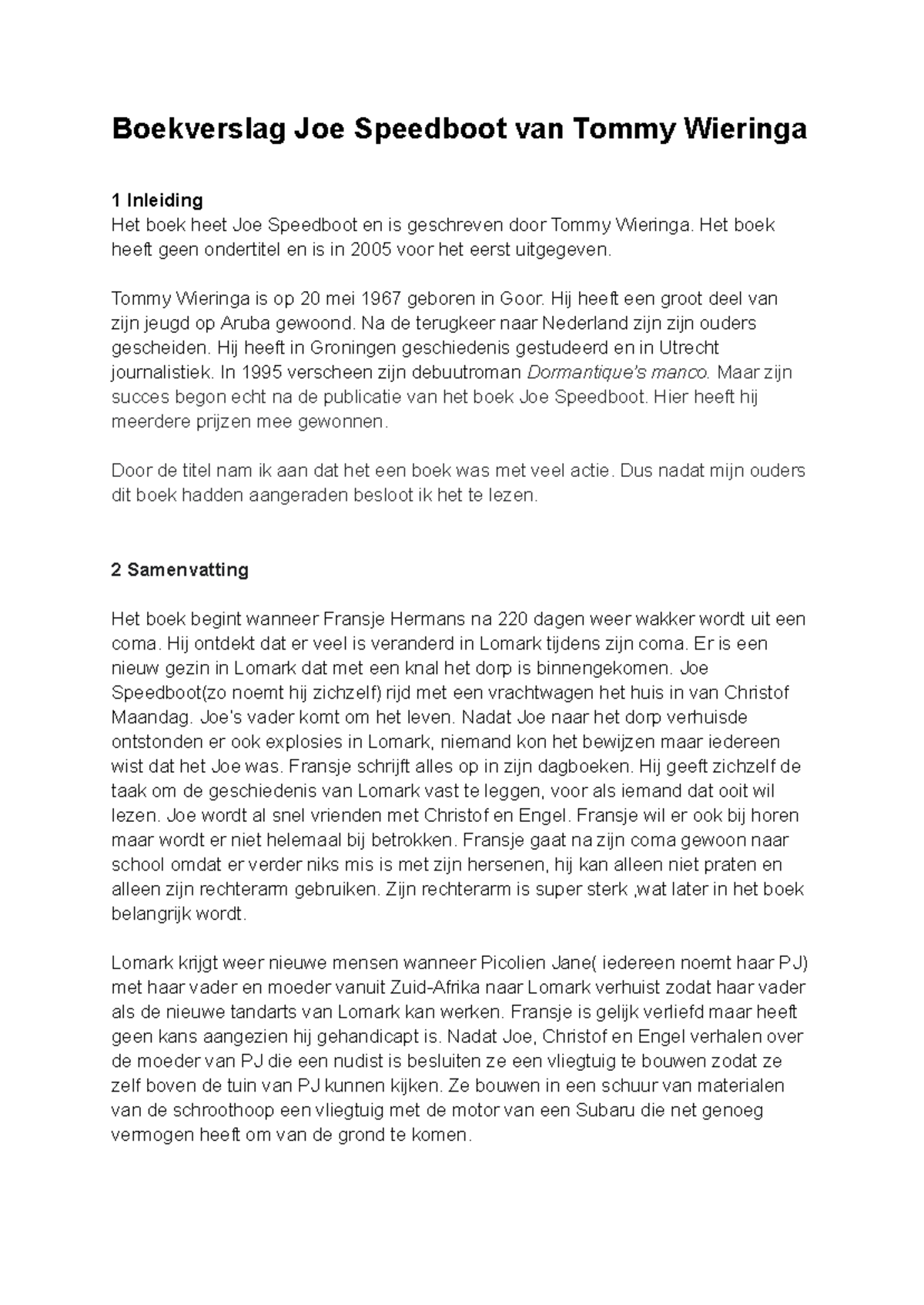 Boekverslag: Joe Speedboot van Tommy Wieringa - Analyse en Thematiek ...