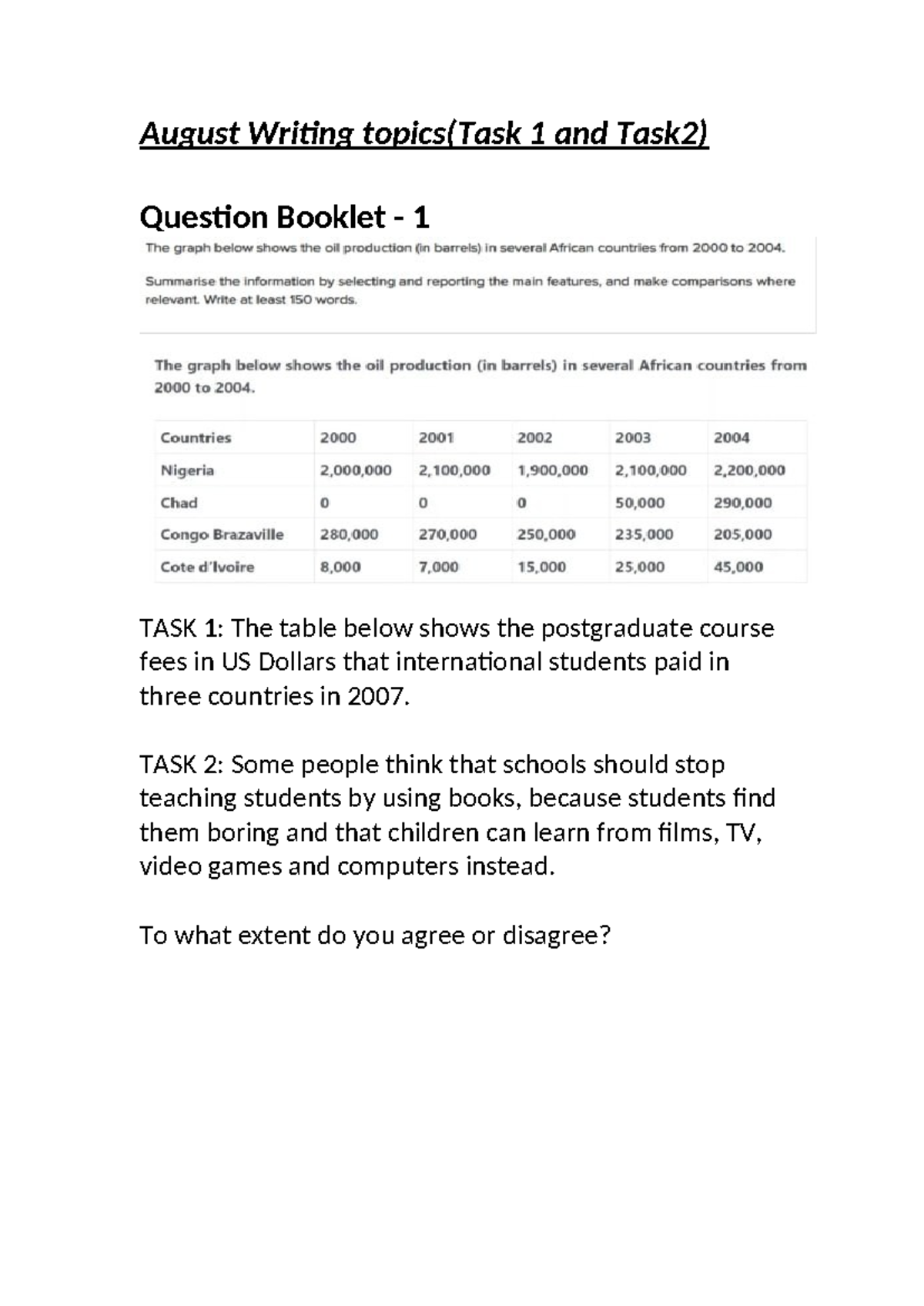 August Writing Topics (Task 1 & Task 2) Question Booklet - Studocu