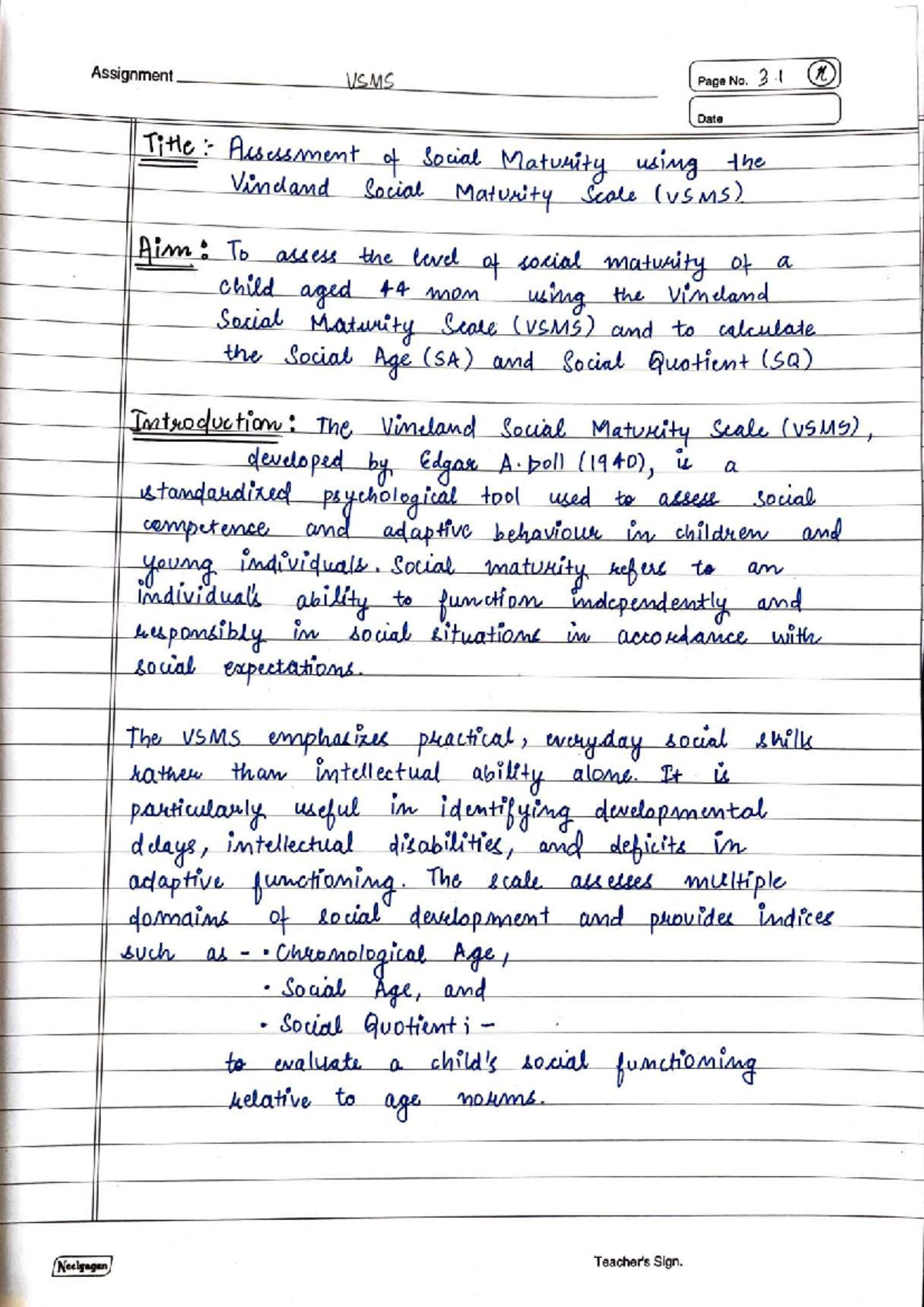 Vineland Social Maturity Scale Assignment UeMe No. 3 - Studocu