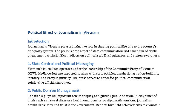 Political Effects of Journalism in Vietnam: An Analysis - Studeersnel