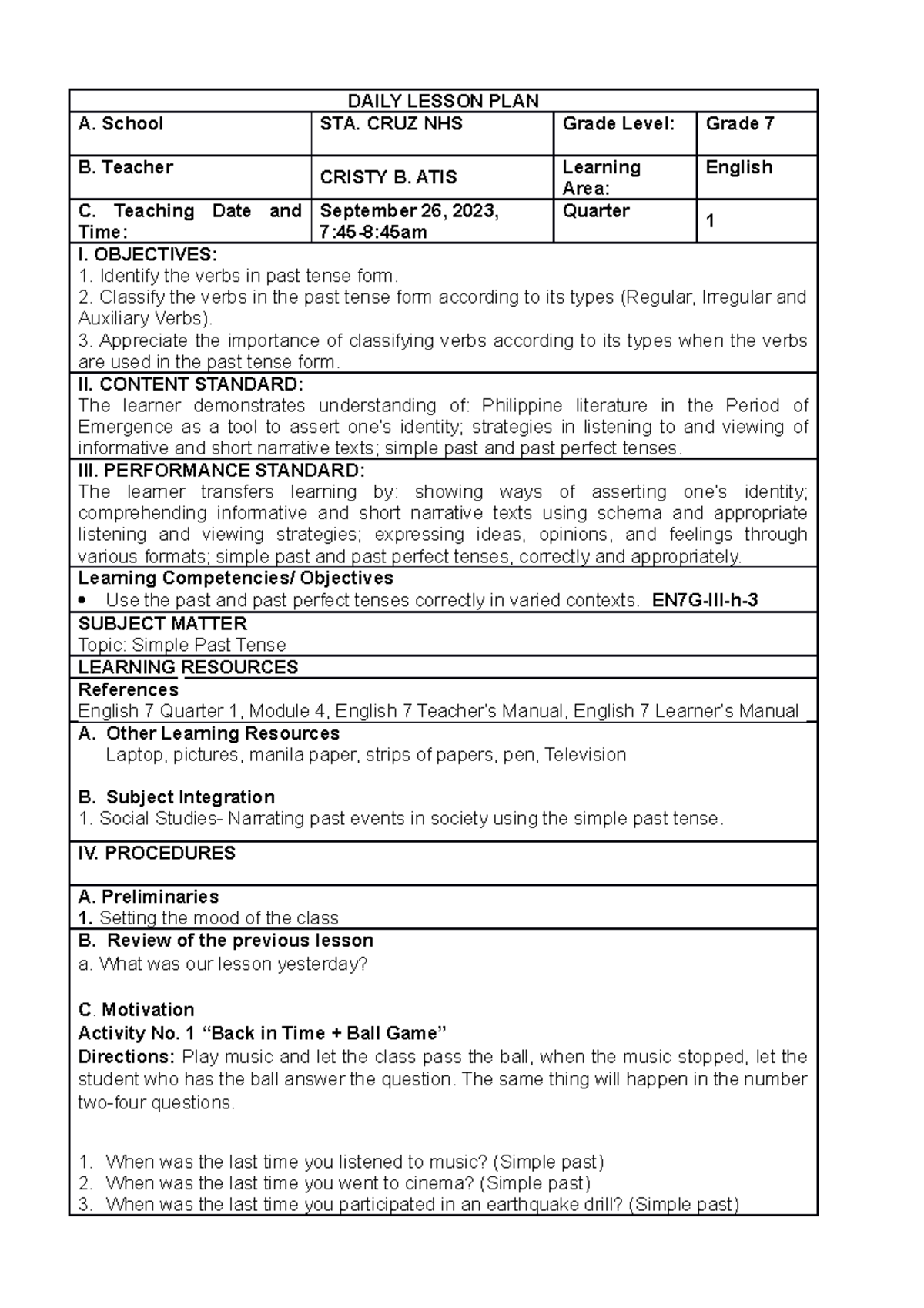 Lesson Plan - Grade 7 - Understanding Simple Past Tense - Studocu