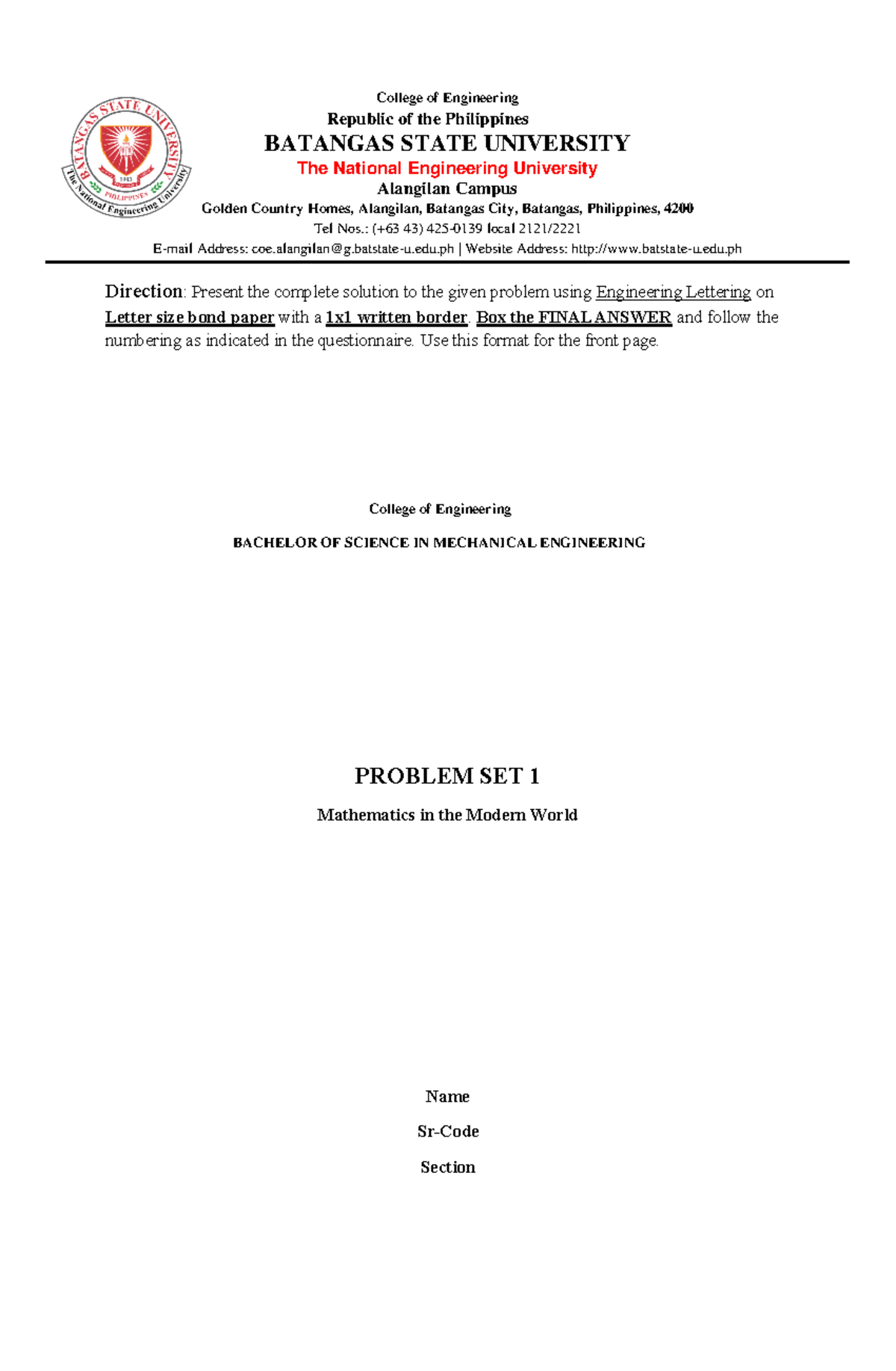 Problem Set 1 (MMW) - Mathematics in the Modern World - Studocu