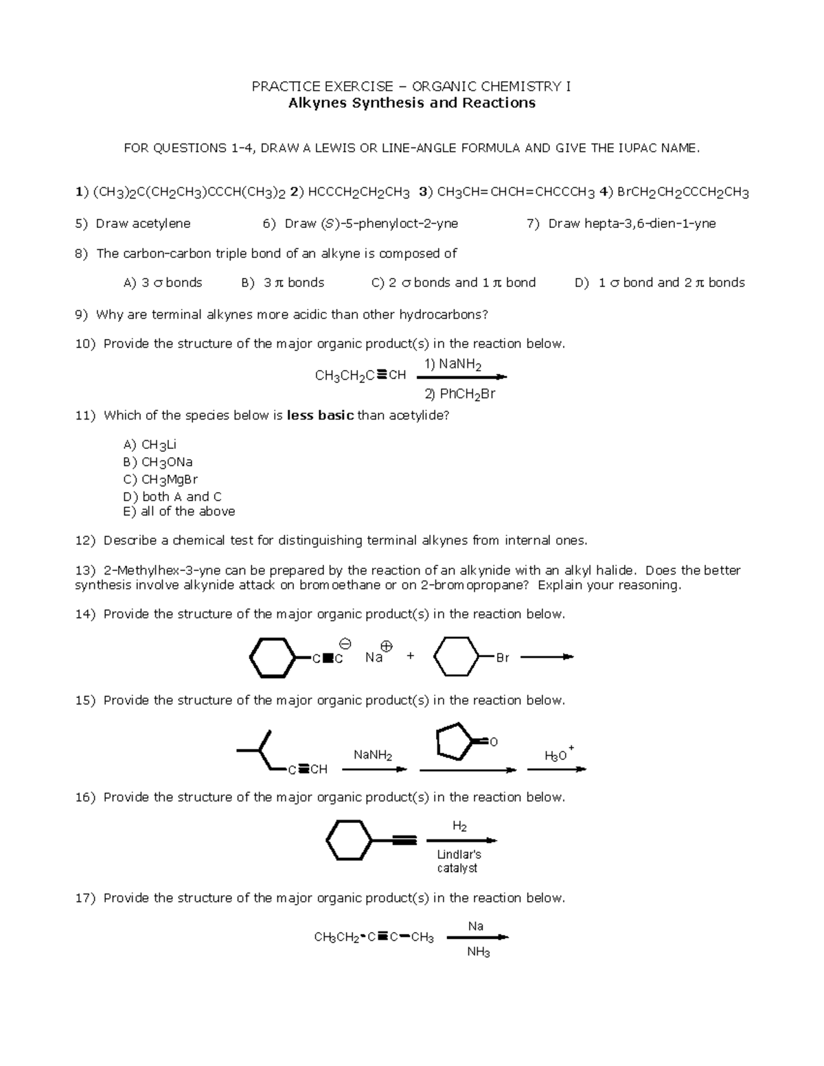 Alkynes Synthesis & Reactions Practice Exercises: OC1 Assignment - Studocu
