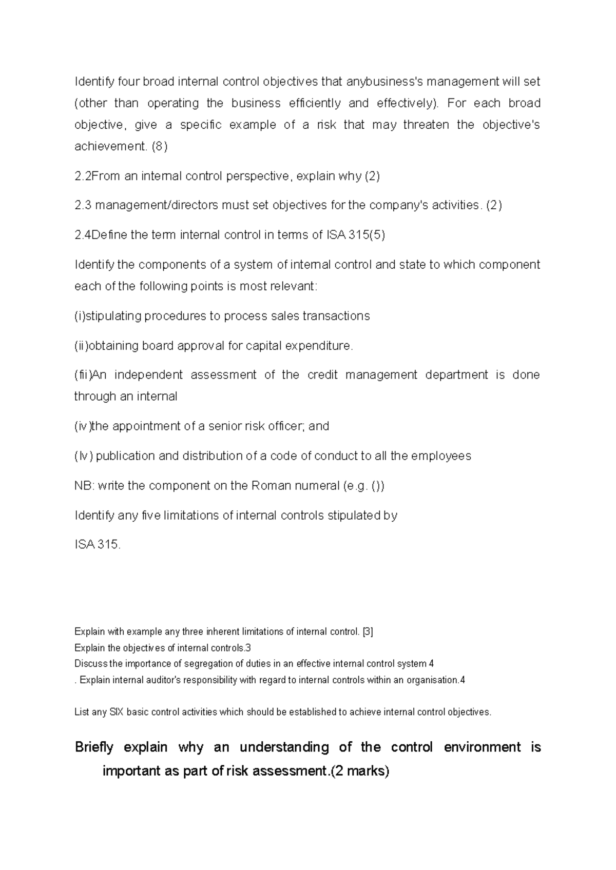 Chapter 1 Auditing Questions: Internal Control Objectives & Risks - Studocu