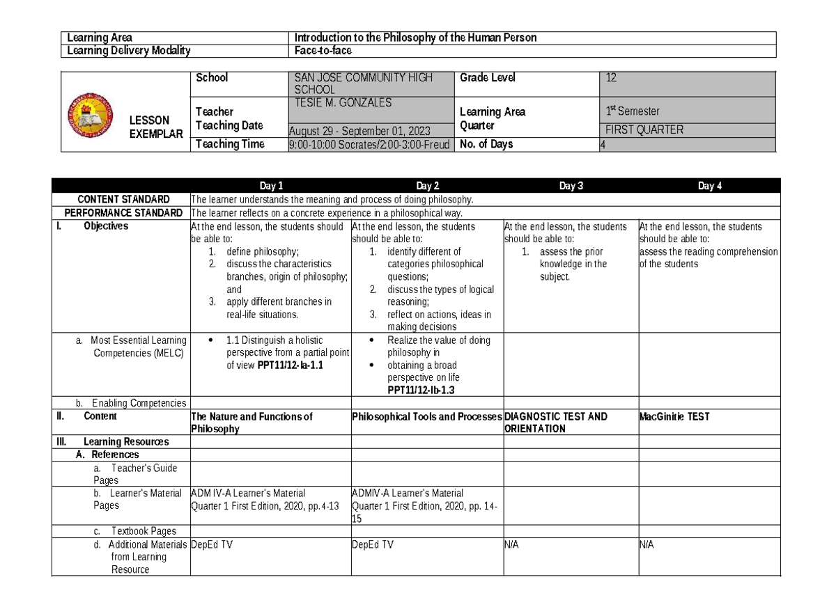 Philosophy HUMSS12 - Week 1 Learning Materials and Lesson Plan - Studocu