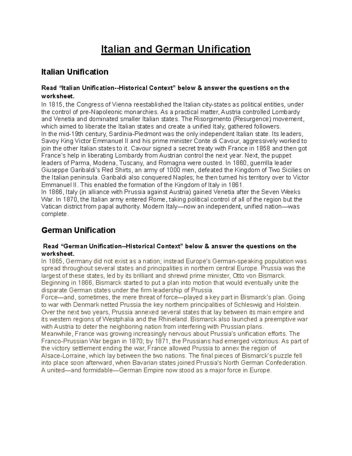 Unit 5.2 Italian and German Unification Map Assignment - Italian and ...