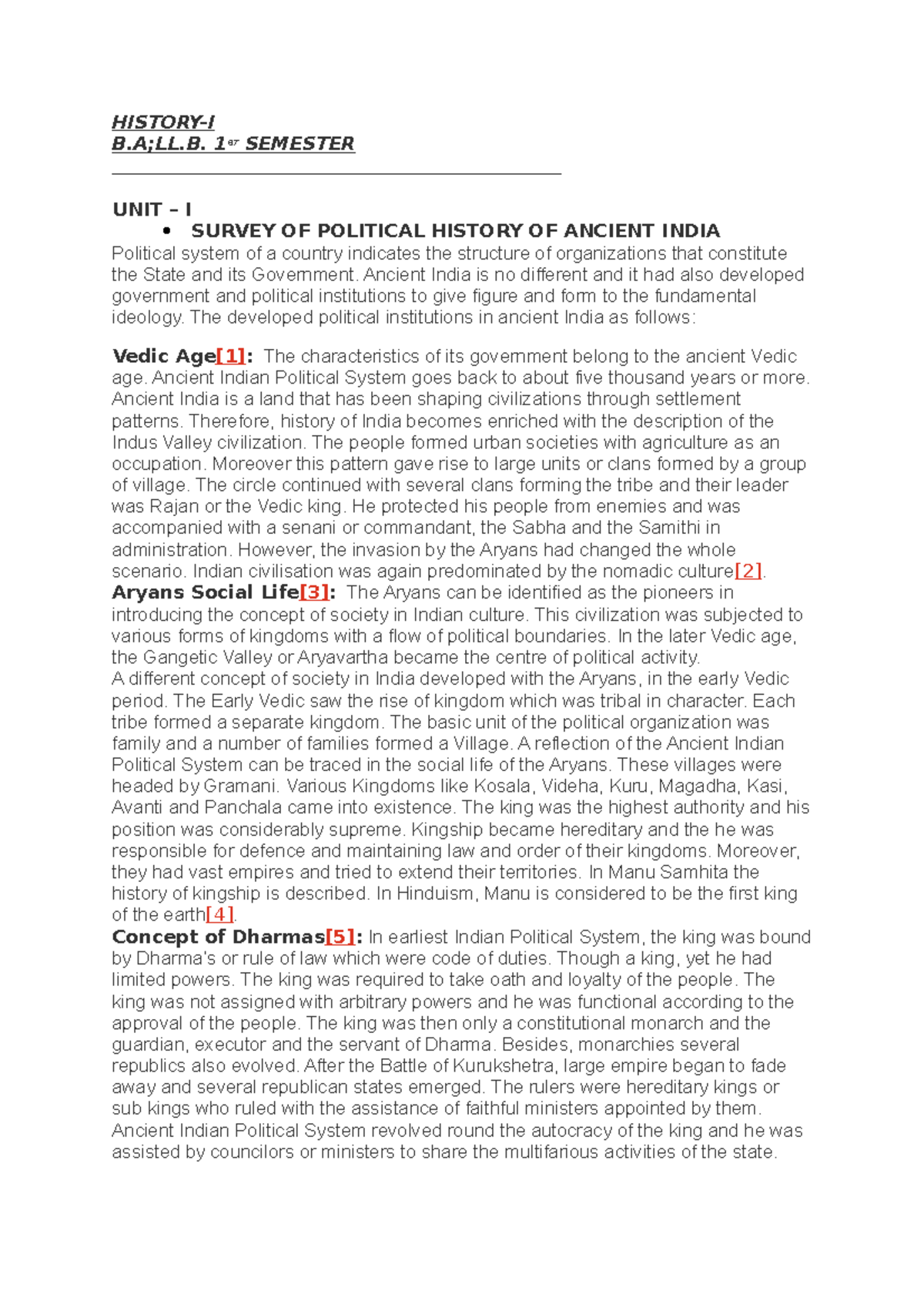 History - notes - HISTORY-I B;LL. 1 ST SEMESTER UNIT – I SURVEY OF ...