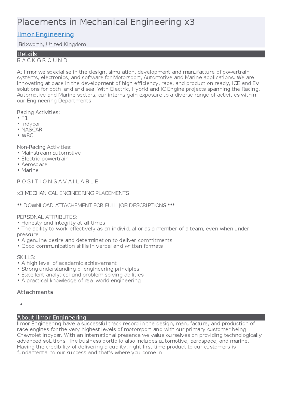 Ilmor Engineering Mechanical Engineering Placement Overview - Studocu