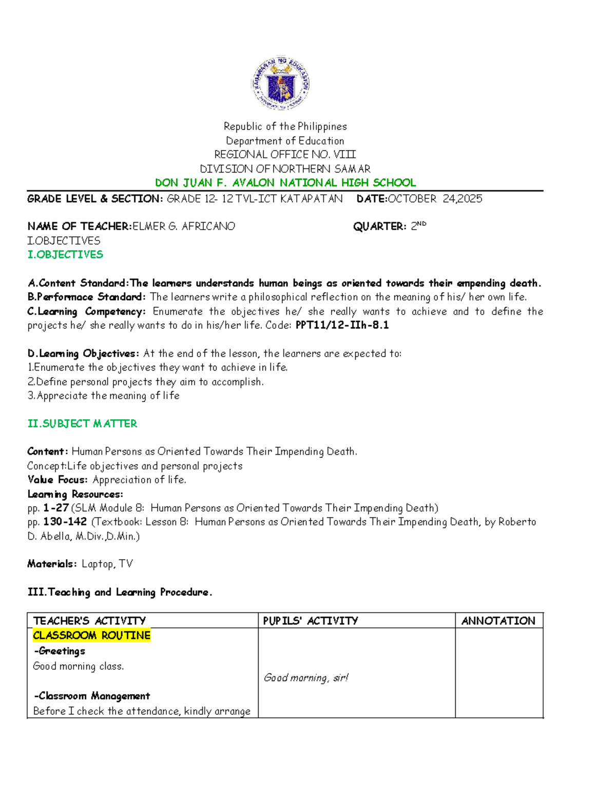 Grade 12 Lesson Plan: Life Objectives & Personal Projects (2nd Quarter ...