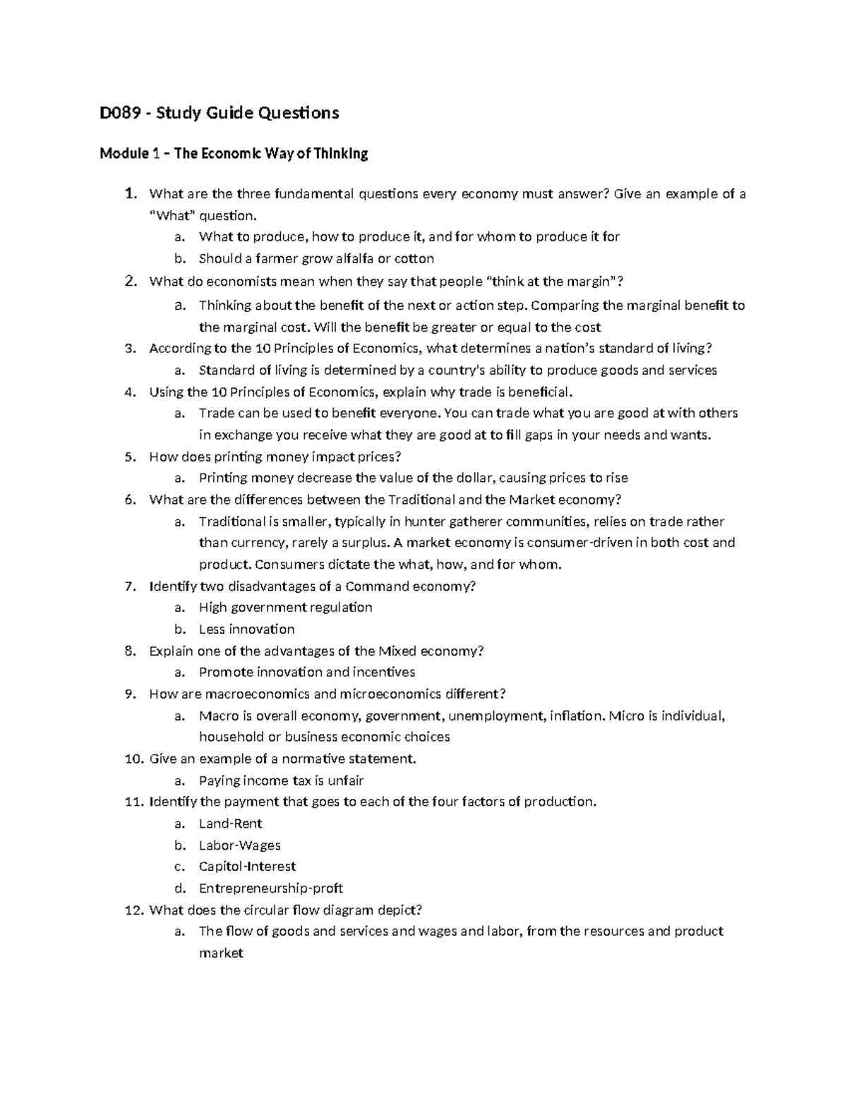 D089 - Study Guide Questions for Economics Modules 1-8 - Studocu