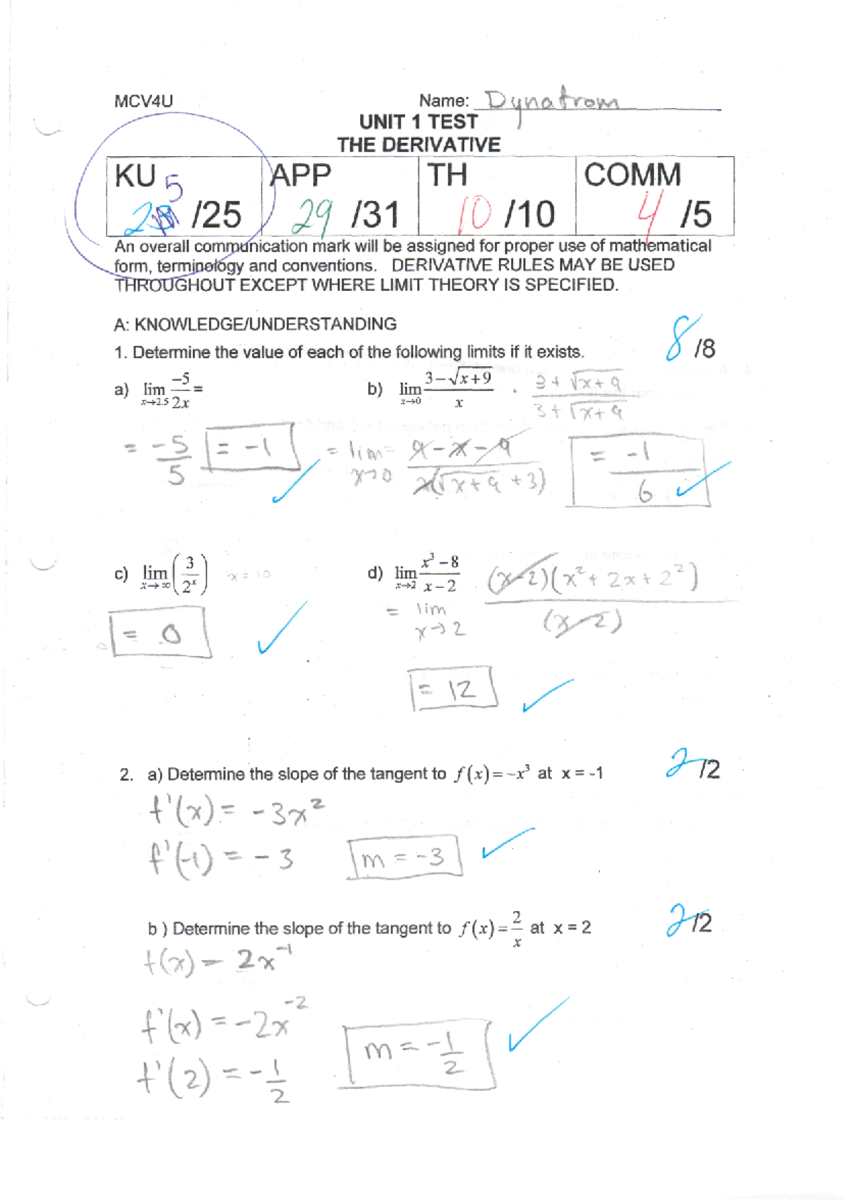 MCV4U Calculus Unit 1 Test: The Derivative Concepts and Problems - Studocu