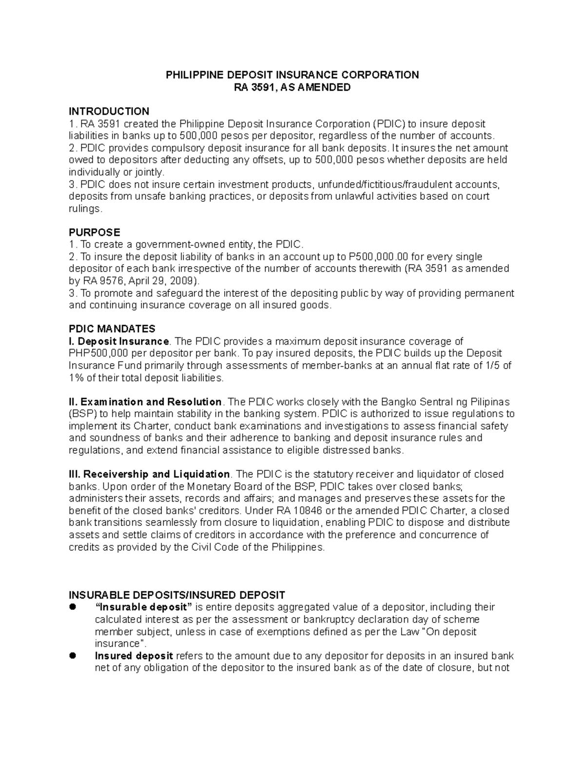 PDIC RA3591: Comprehensive Short Notes on Deposit Insurance - Studocu