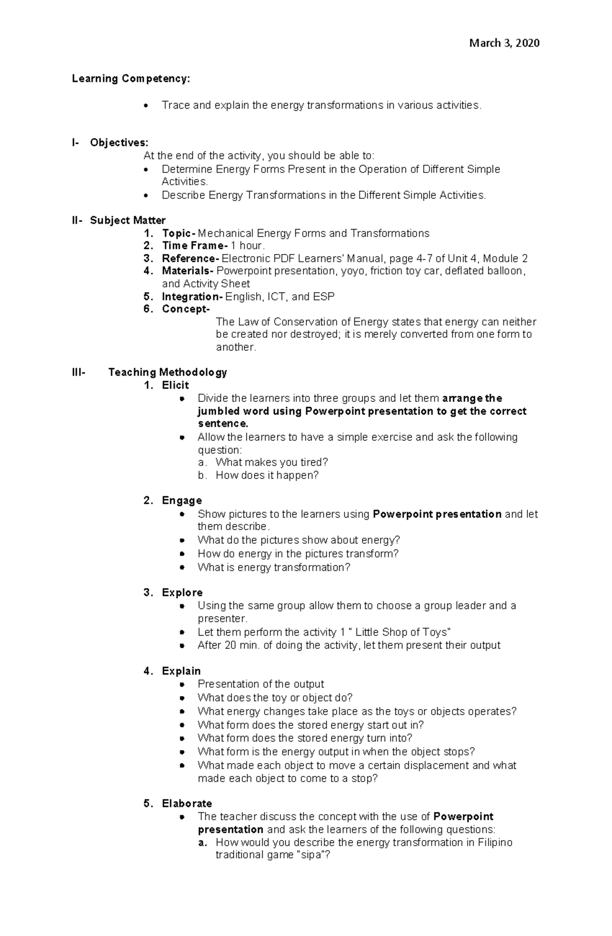 Detailed Lesson Plan Energy Transformations In Simple Activities