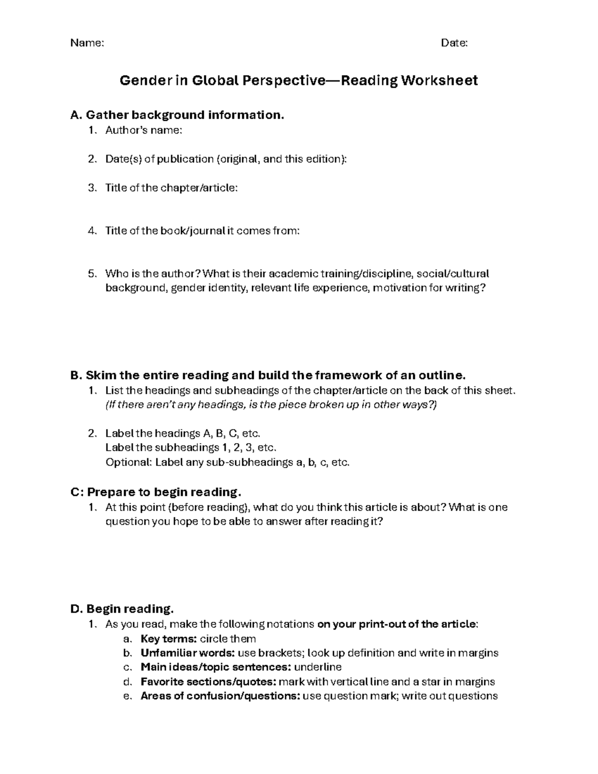 Gender in Global Studies: 225 Reading Worksheet A - Studocu