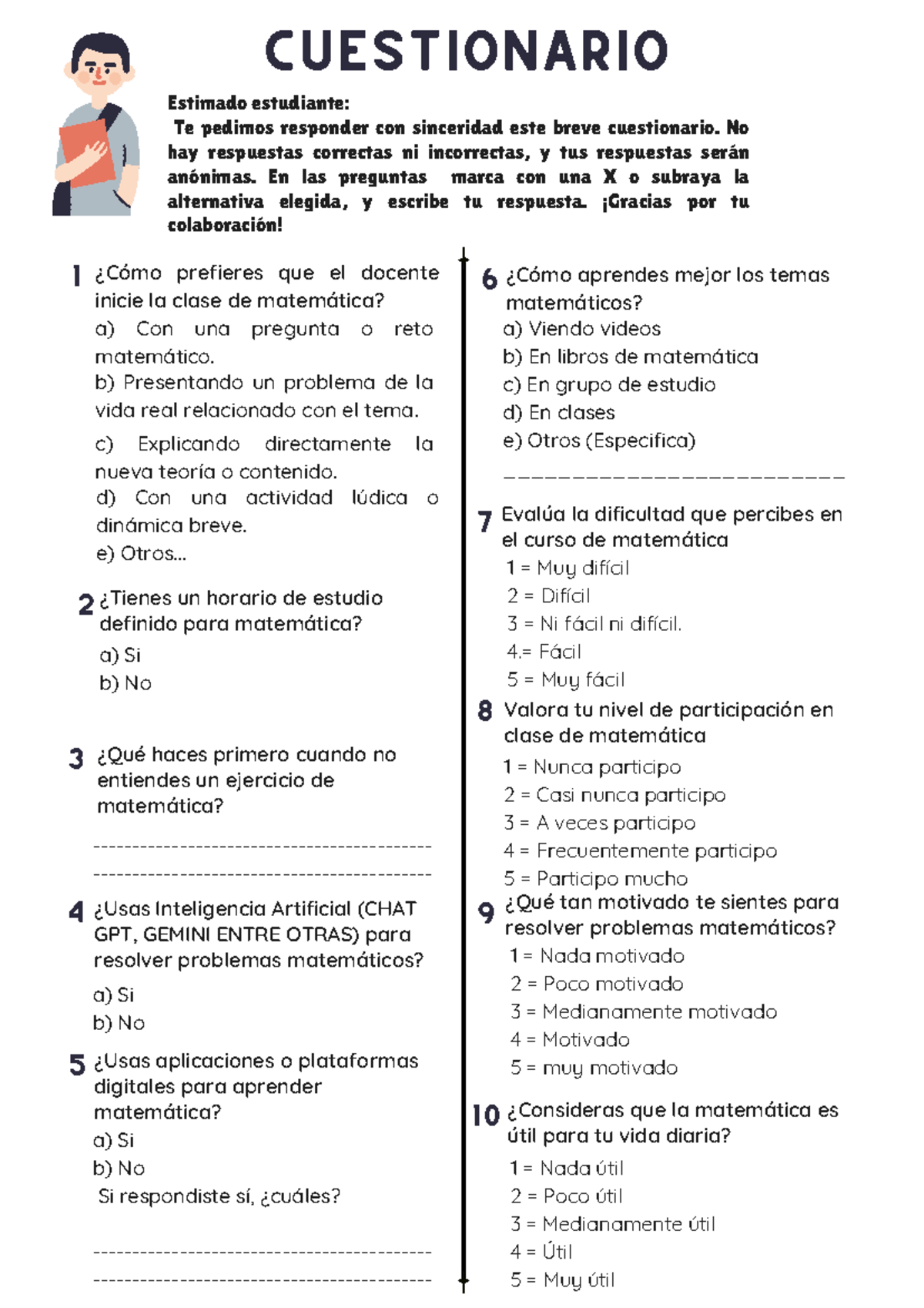 Cuestionario de Evaluación de Clases de Matemáticas - CUEST 101 - Studocu