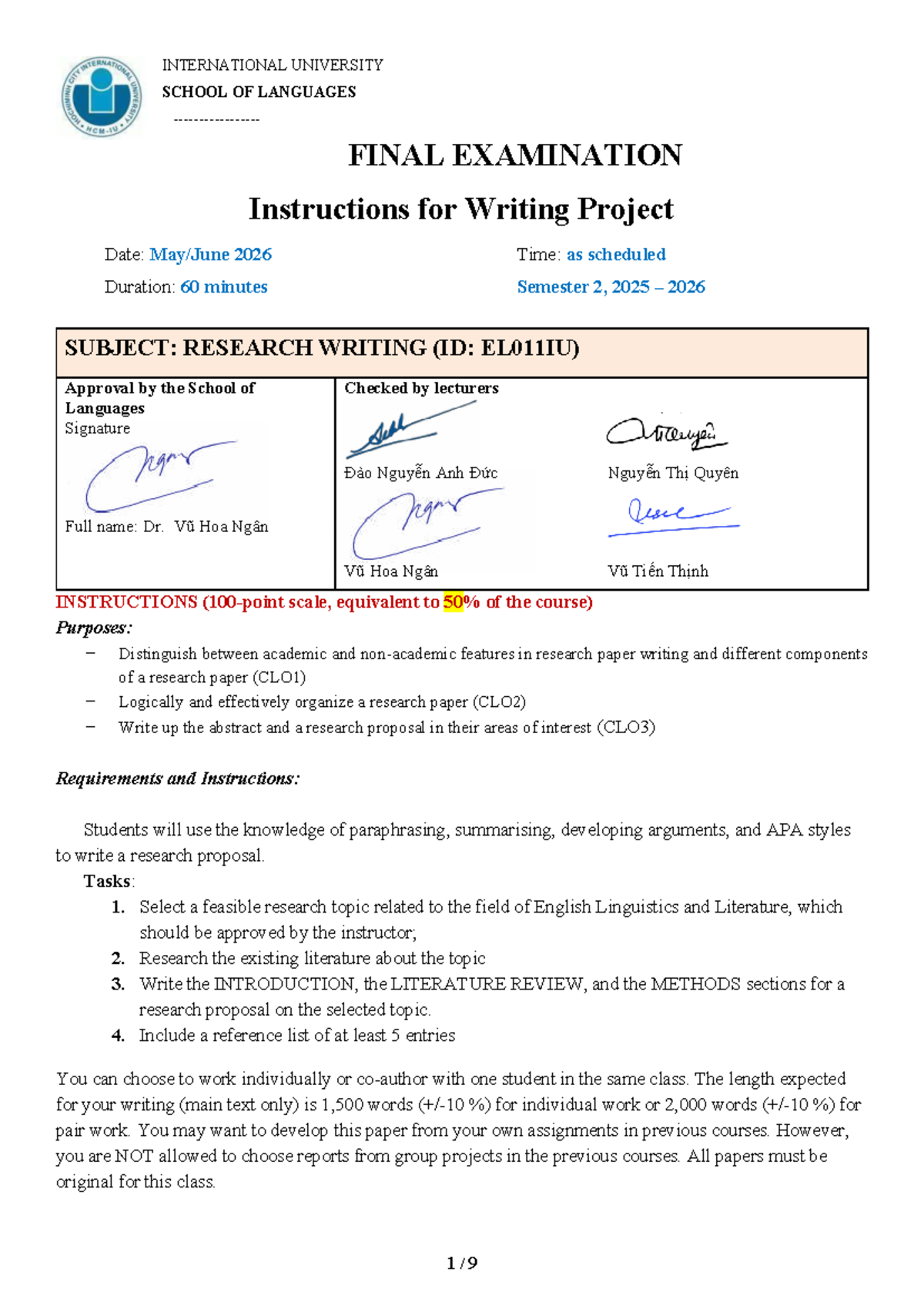 EL011IU Research Writing - Final Exam Instructions 2025-2026 - Studocu
