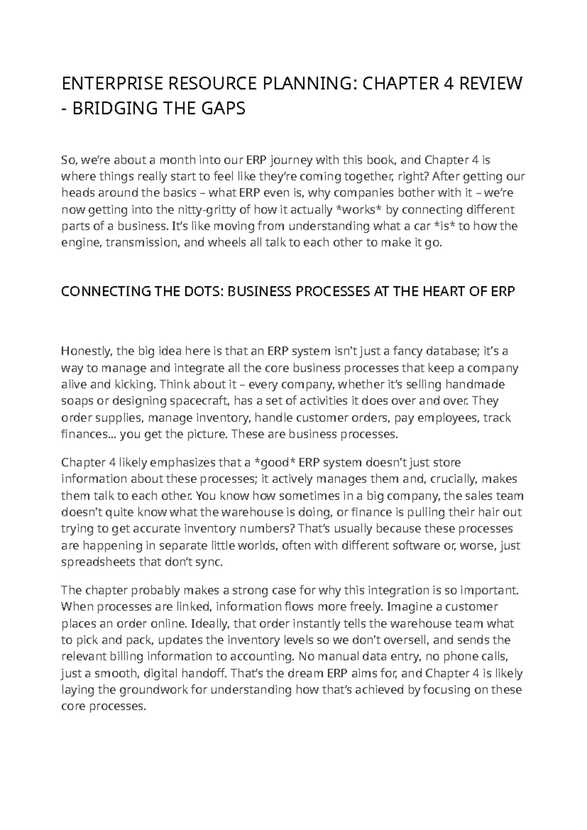 ERP 101: Chapter 4 Review - Bridging Business Process Gaps - Studocu