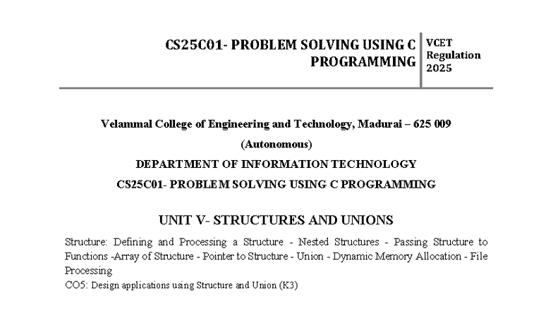 Cs25c01 Problem Solving Using C Programming Structures Unions Notes