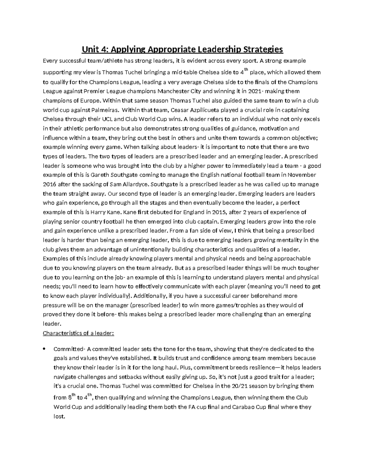 Unit 4 Assignment 1 - Leadership Analysis in Sports Management (BTEC ...