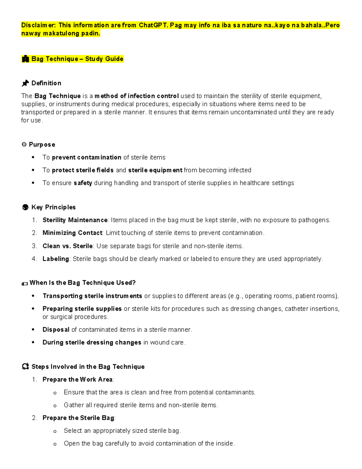 Bag Technique Study Guide: Infection Control in Healthcare - Studocu