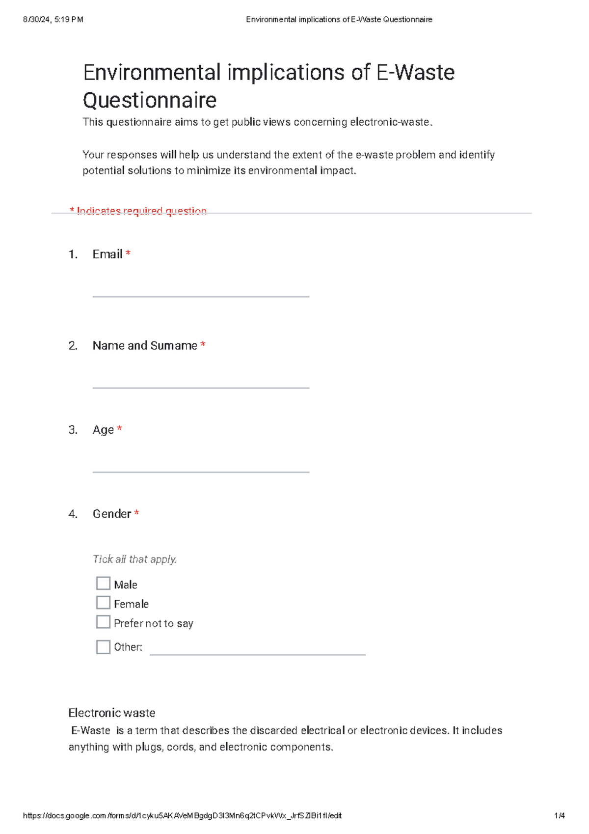 E-Waste Environmental Impact Questionnaire: Public Awareness Insights ...
