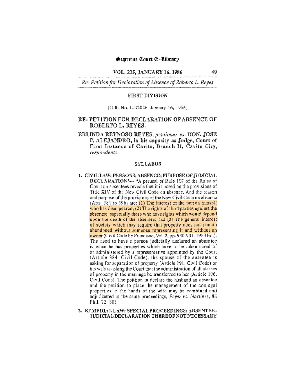 Supreme Court Case G.R. No. L-32026: Declaration of Absence of Reyes ...