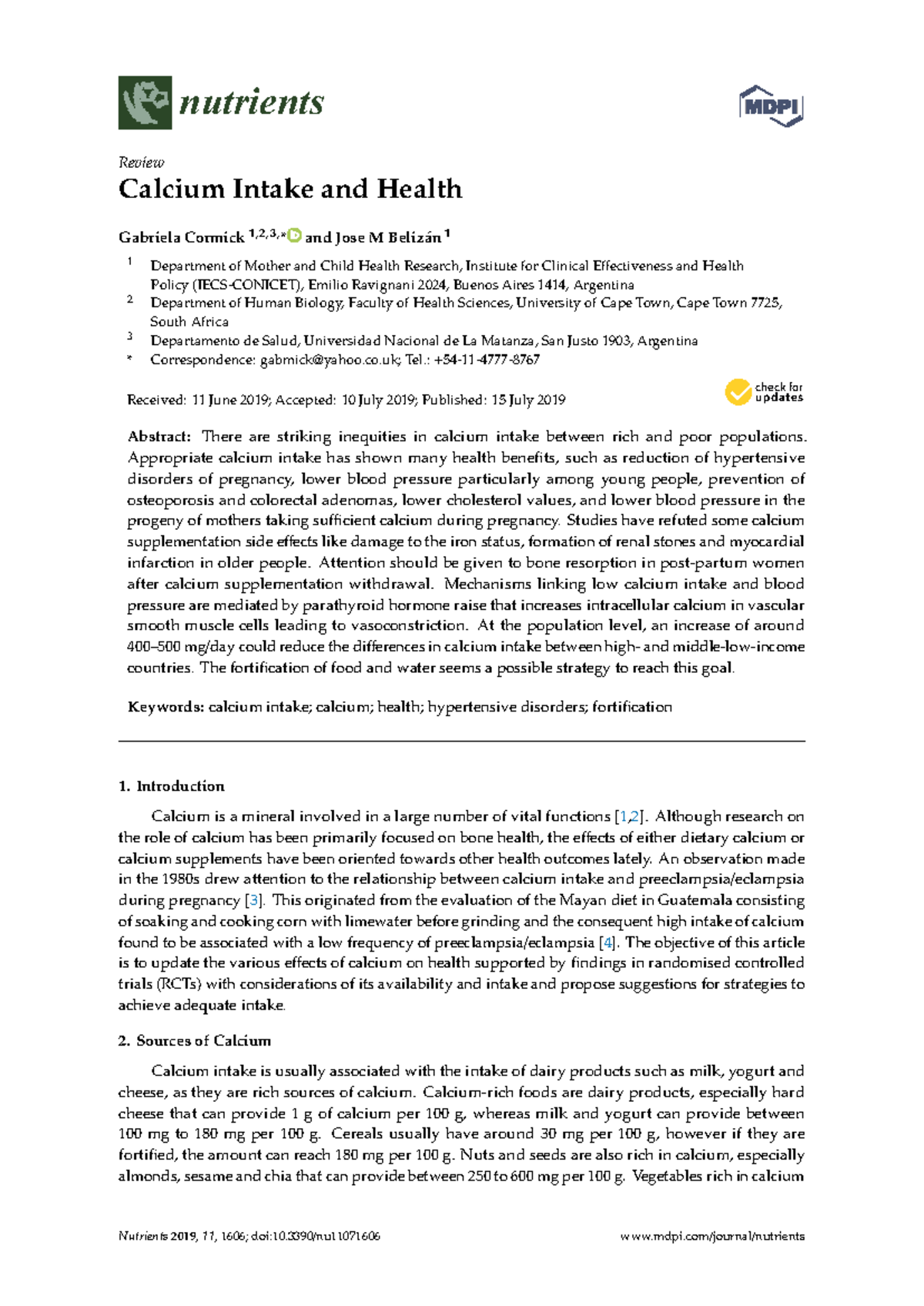 Nutrients 2019, 11, 1606: Review of Calcium Intake and Health Impacts ...