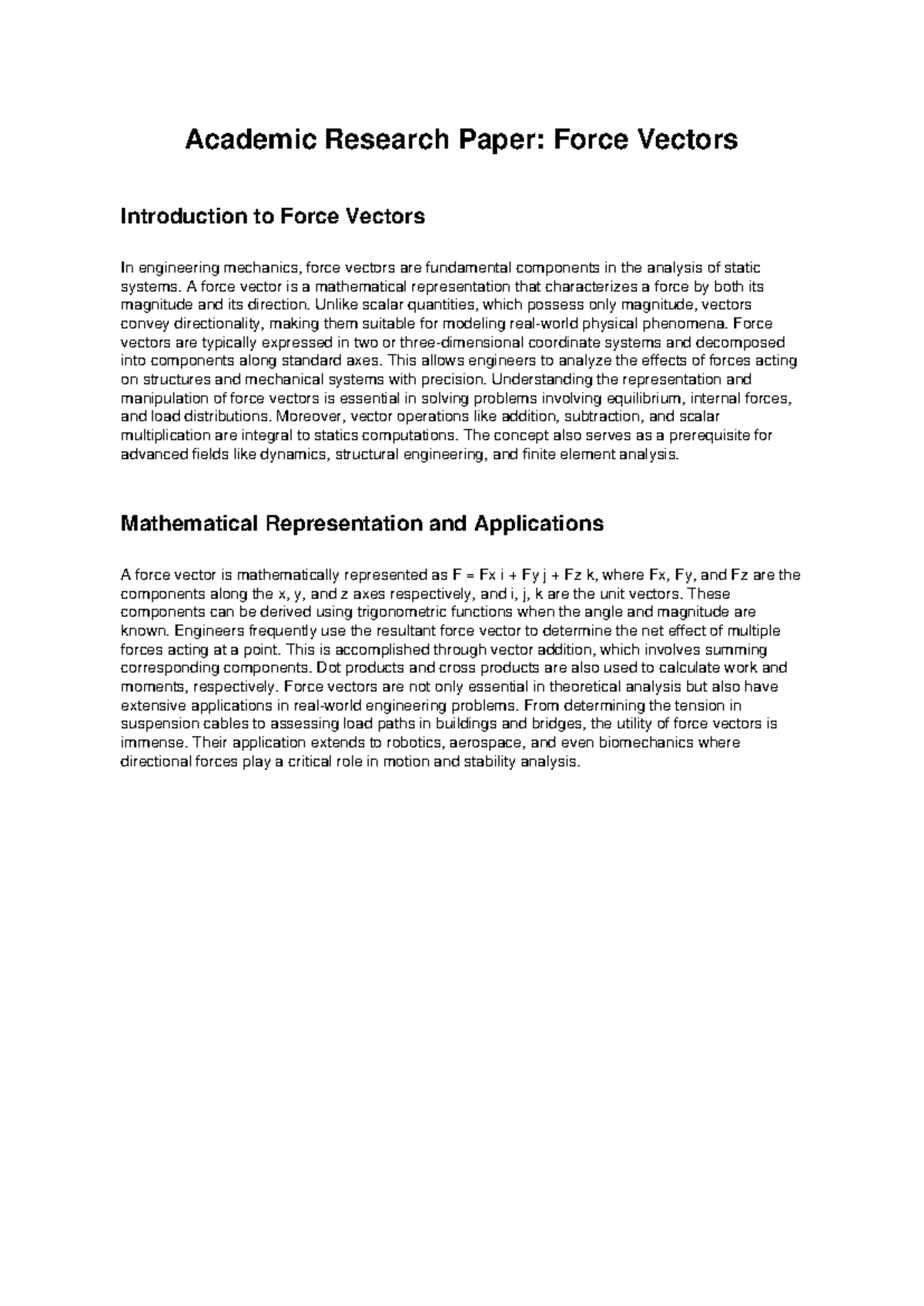 ENGR 101: Academic Research Paper on Force Vectors - Studocu