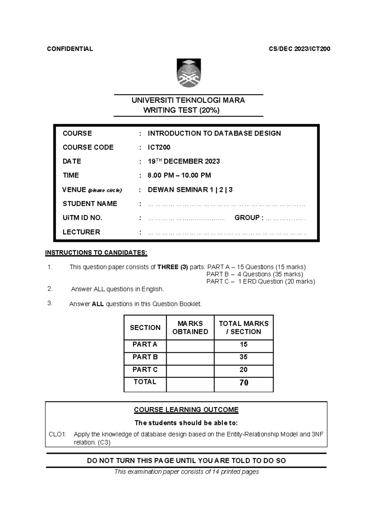 Q ICT200 Writing Test: Database Design Exam - Dec 19, 2023 - Studocu