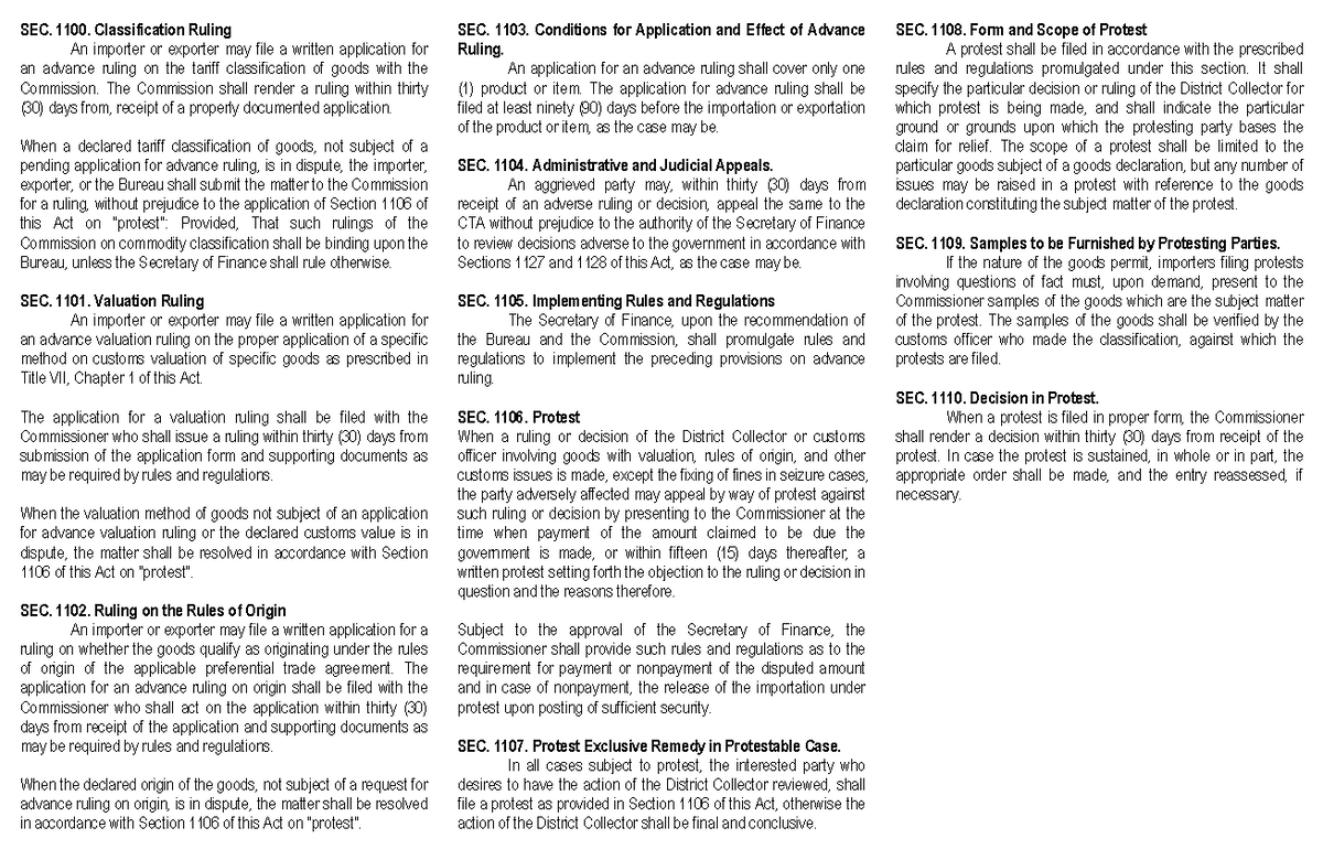 SEC. 1100-1128: Customs Rulings and Appeals Overview - Studocu