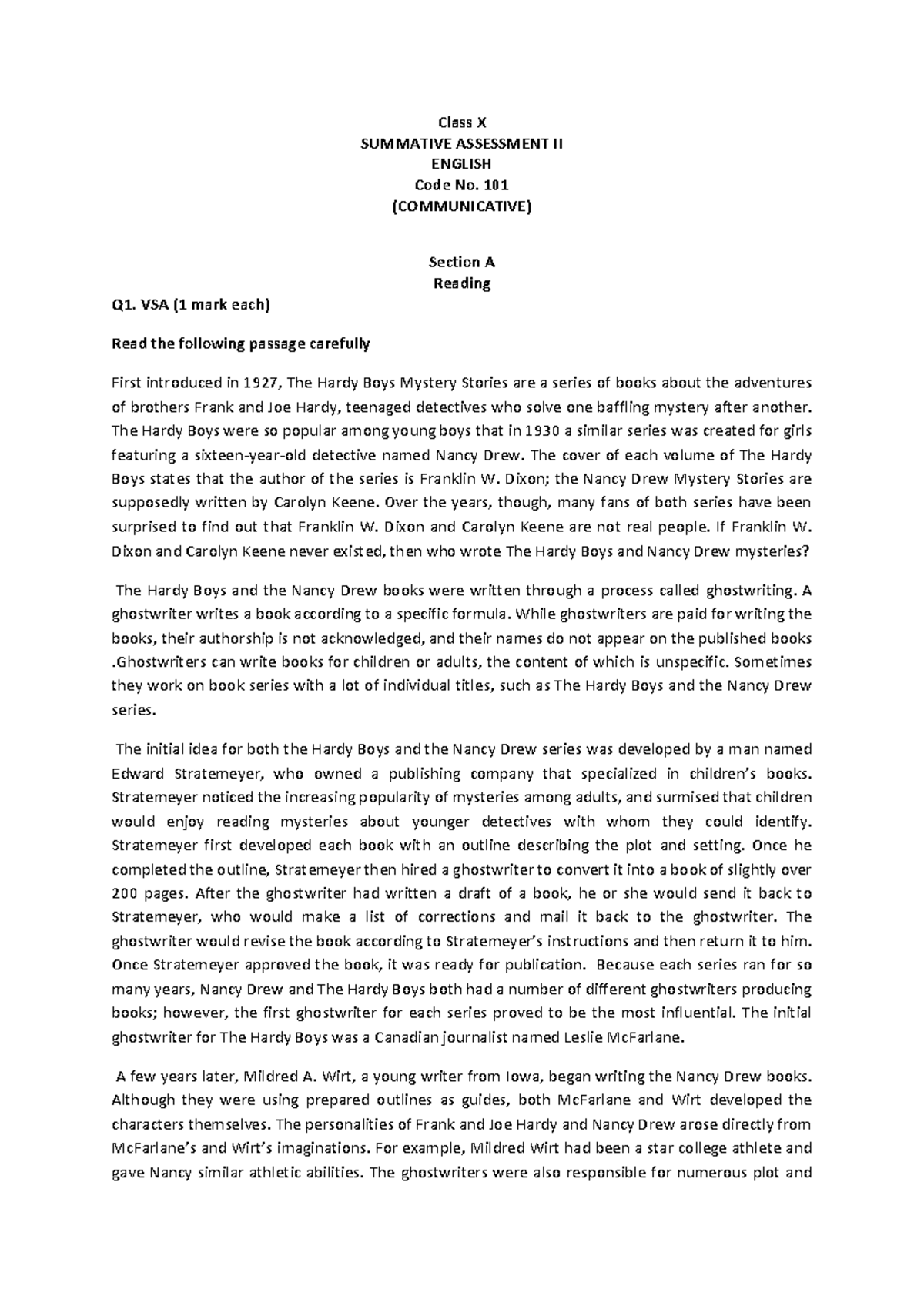 Class X Summative Assessment II English Code No. 101 (Communicative ...