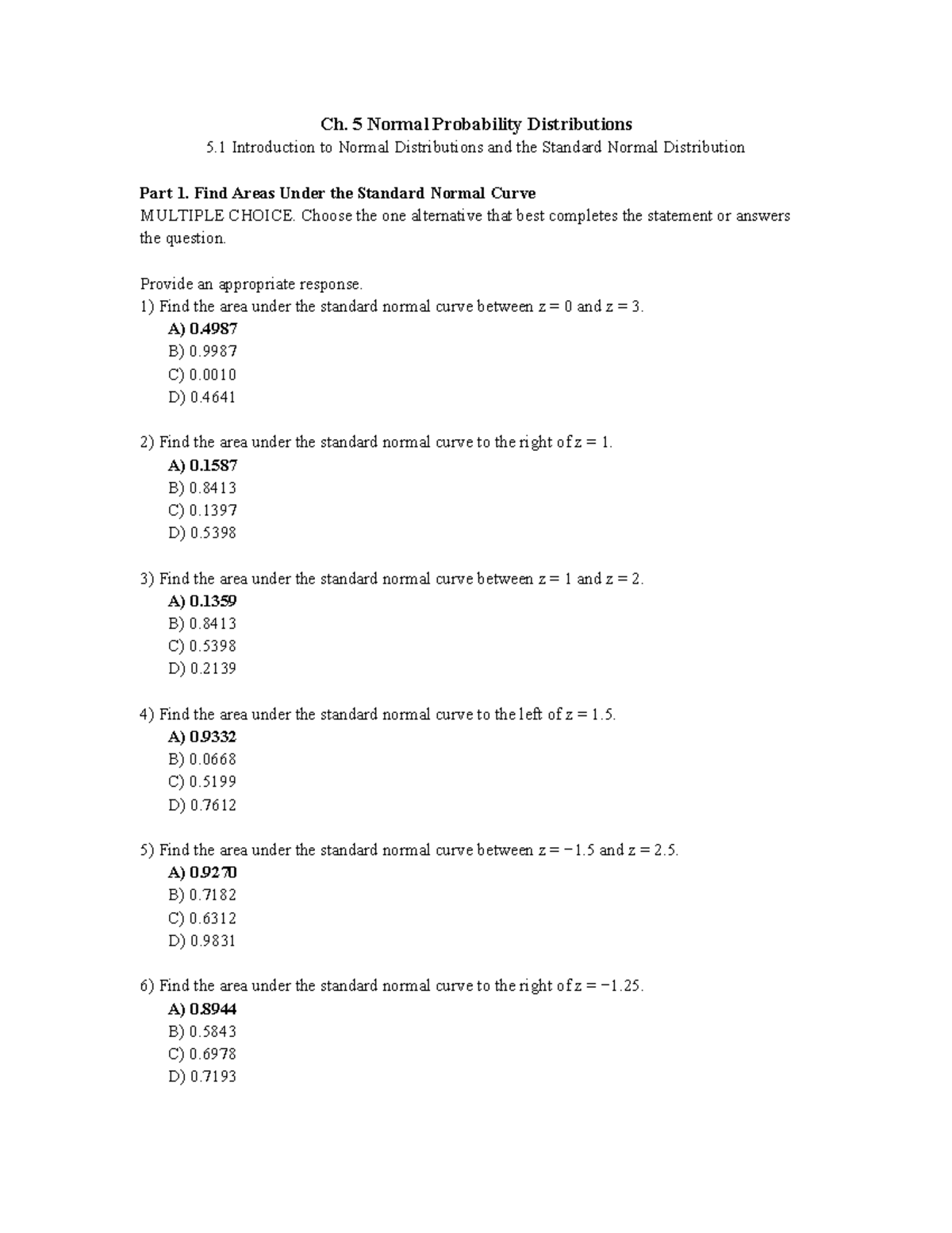 Ch. 5 Normal Probability Distributions: Areas Under the Curve MCQs ...