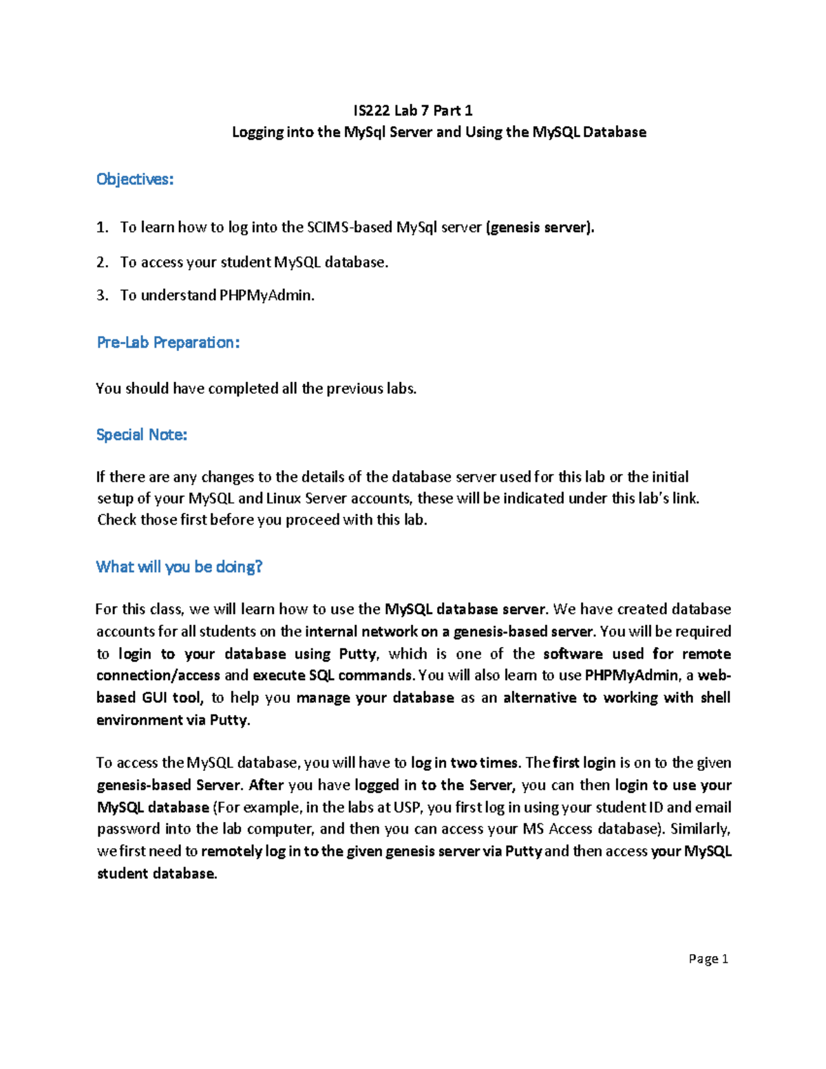 Lab 7 Part 1 PuTTy Lab Practical Guidelines - IS222 Lab 7 Part 1 Logging into the MySql Server ...