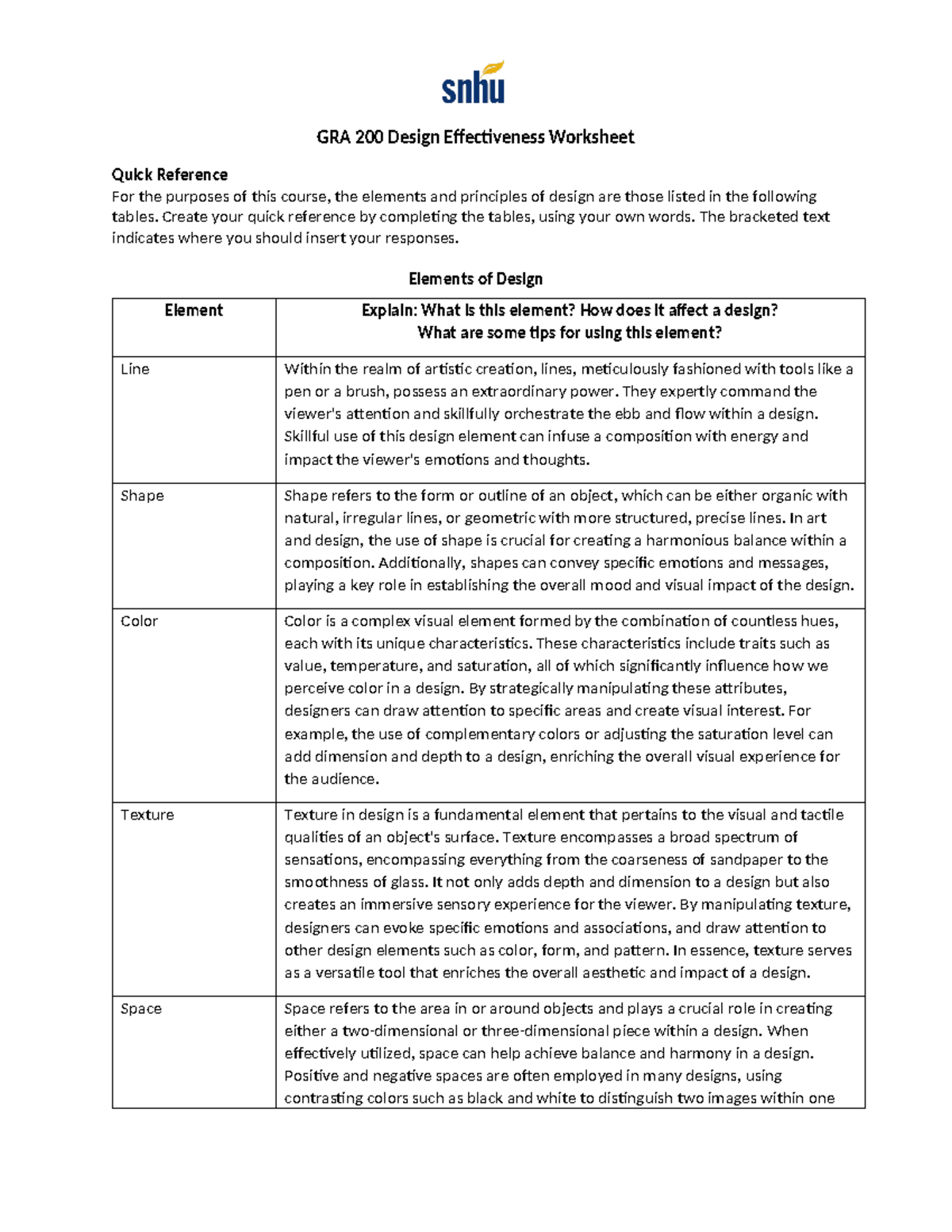 GRA 200 Design Effectiveness Worksheet for Visual Communication - Studocu