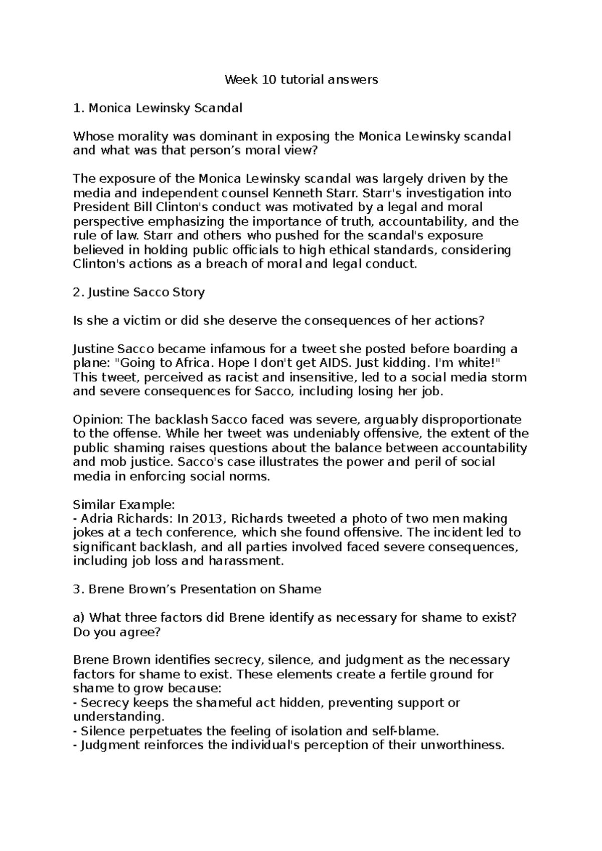 CILS 101 Week 10 Tutorial Answers: Morality, Shame, and Public Shaming ...