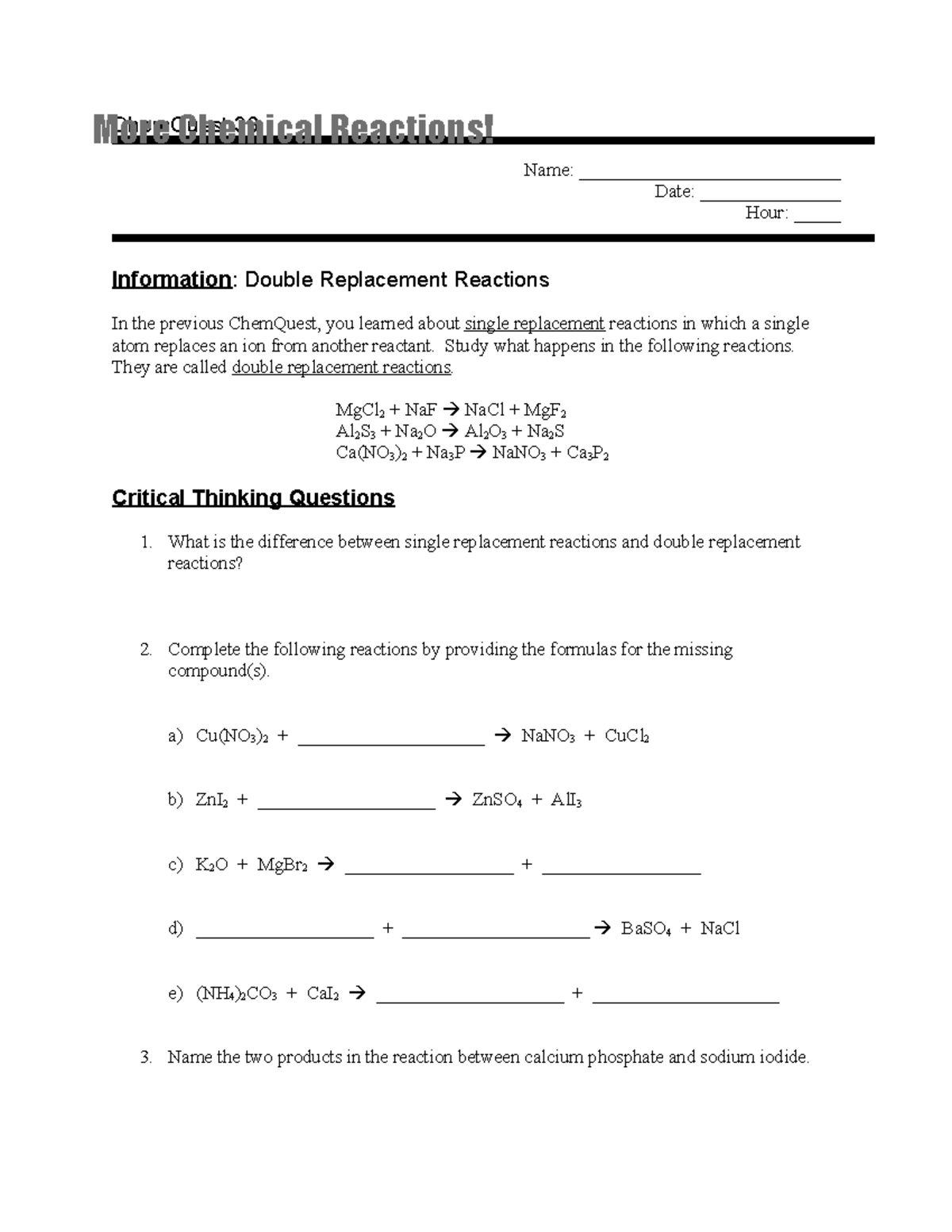 ChemQuest 36: Exploring Double Replacement & Other Reactions - Studocu