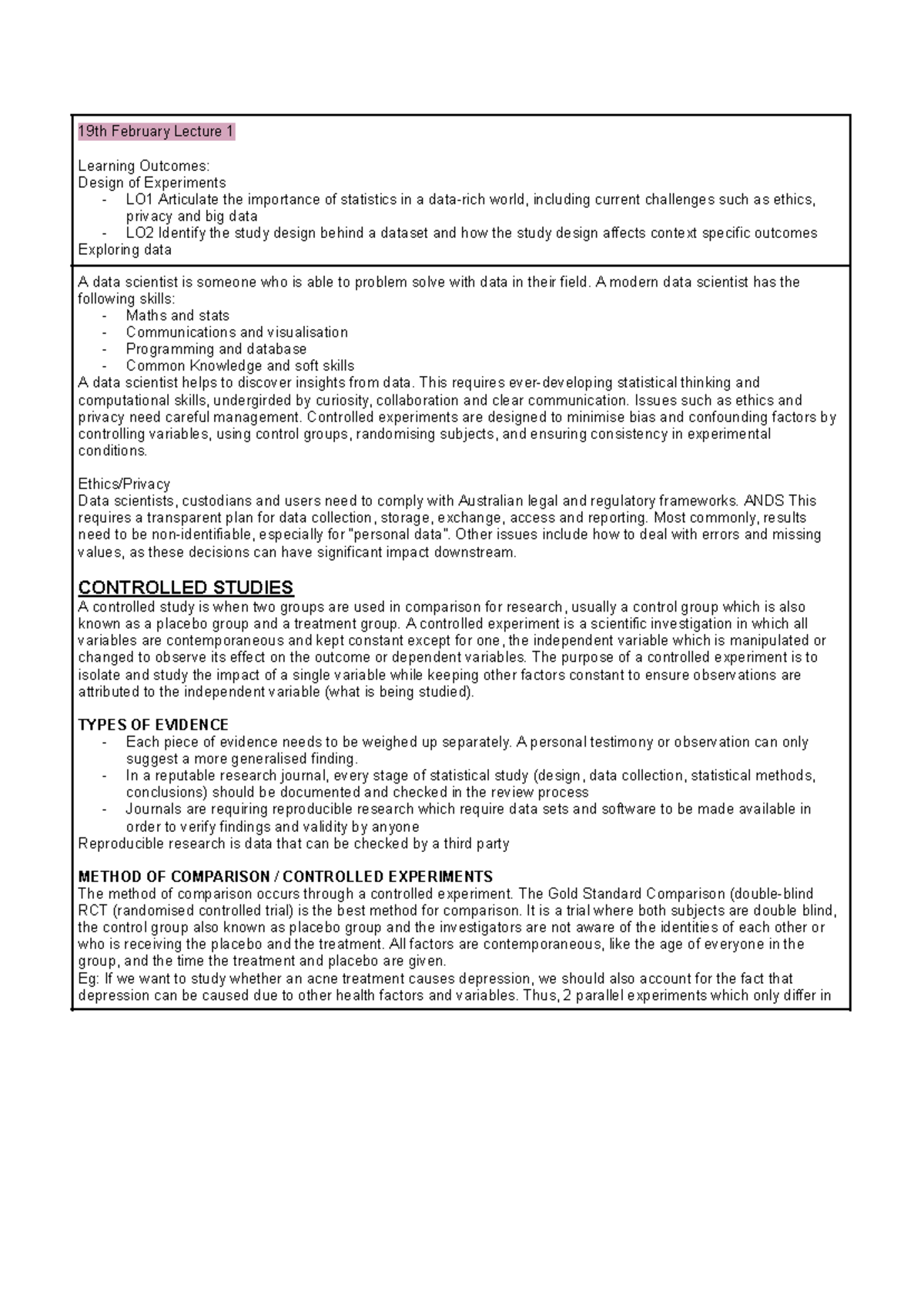 DATA1001 Lecture 1: Learning Outcomes on Design of Experiments and ...