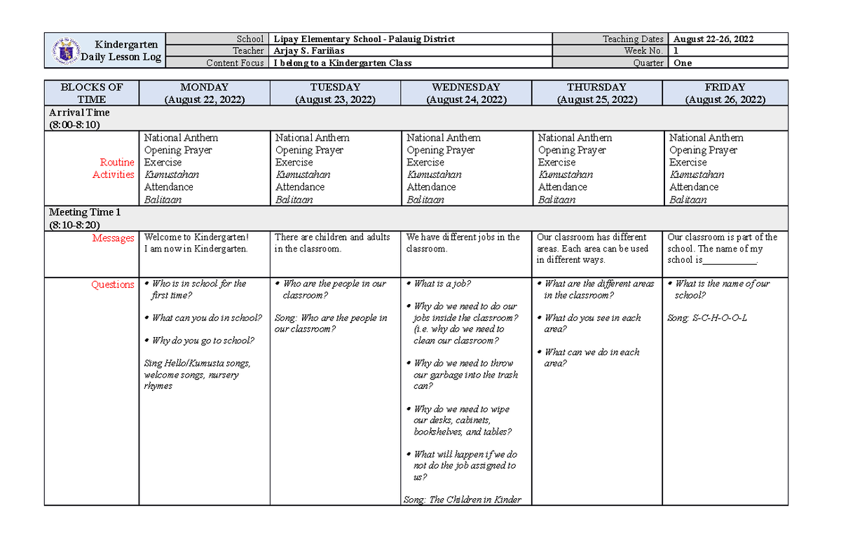 Kindergarten-DLL-Q1-Weekly-Lesson-Plan-Week-1-August-2022 - Studocu