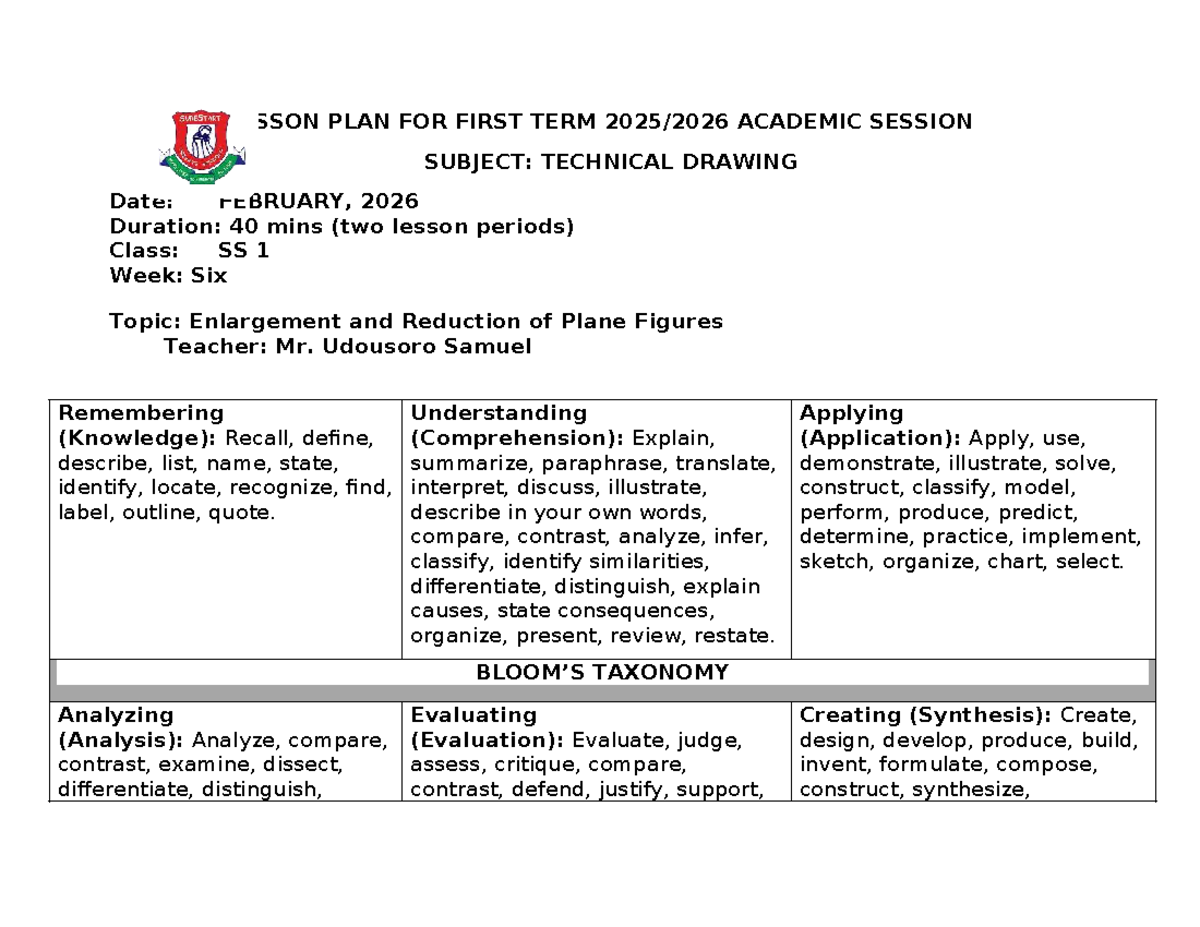 LP WK 6 - TECH DRAWING LESSON PLAN: ENLARGEMENT & REDUCTION - Studocu